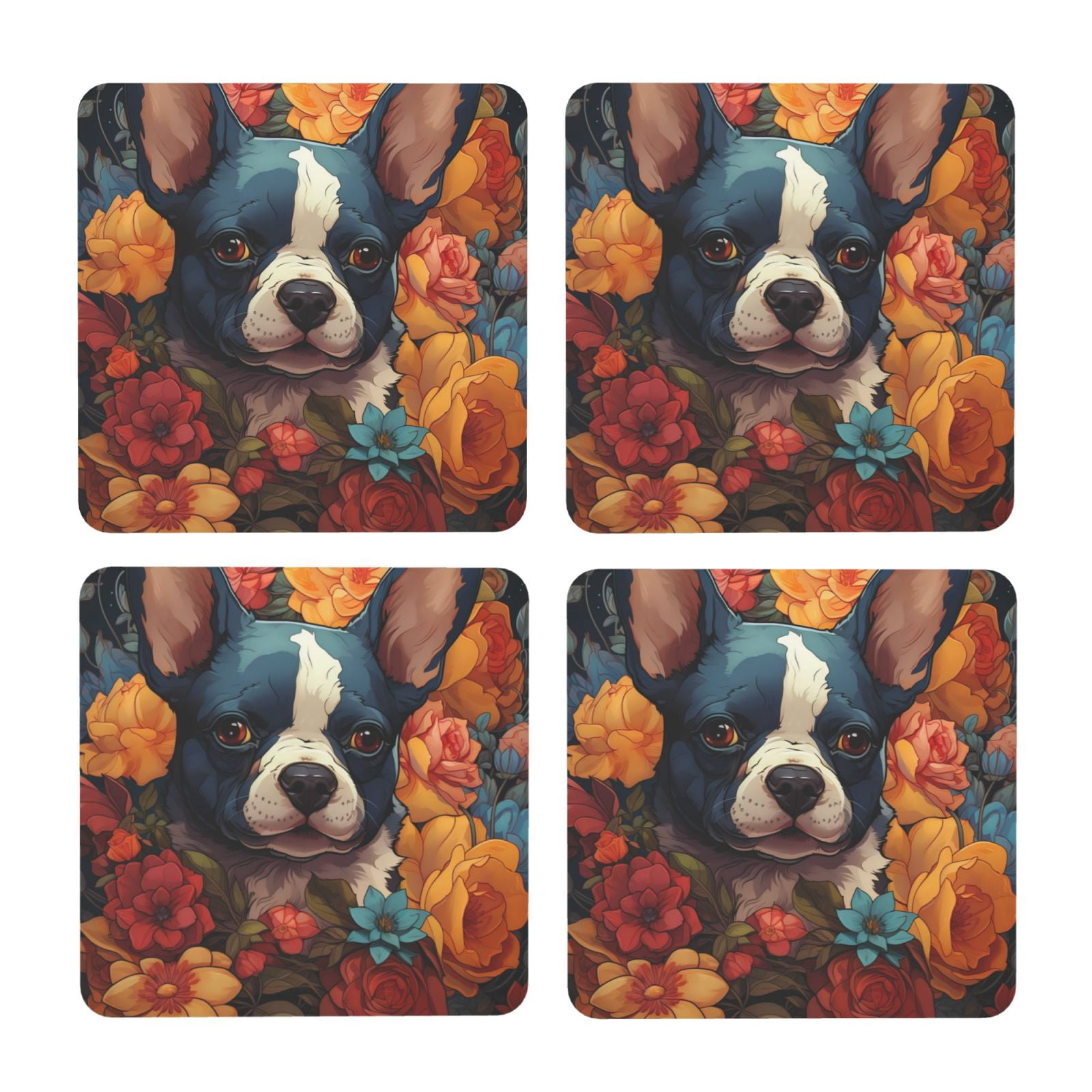 Disketp Cute Colorful Flower French Bulldog MDF Cork Coaster 4 Pcs ...