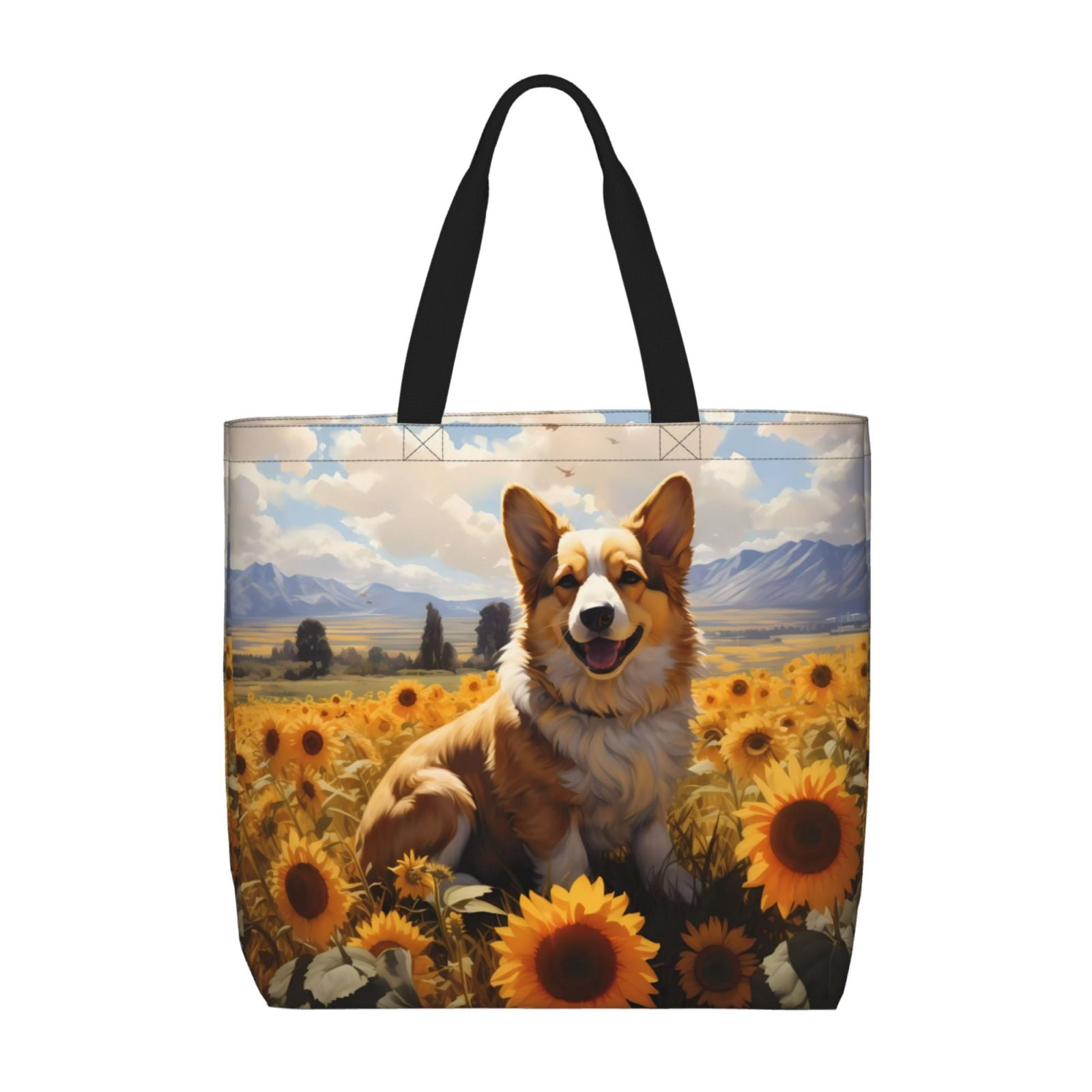 Disketp Cute Corgi Sunflower Canvas Tote Bag,Women Shoulder Bag ...
