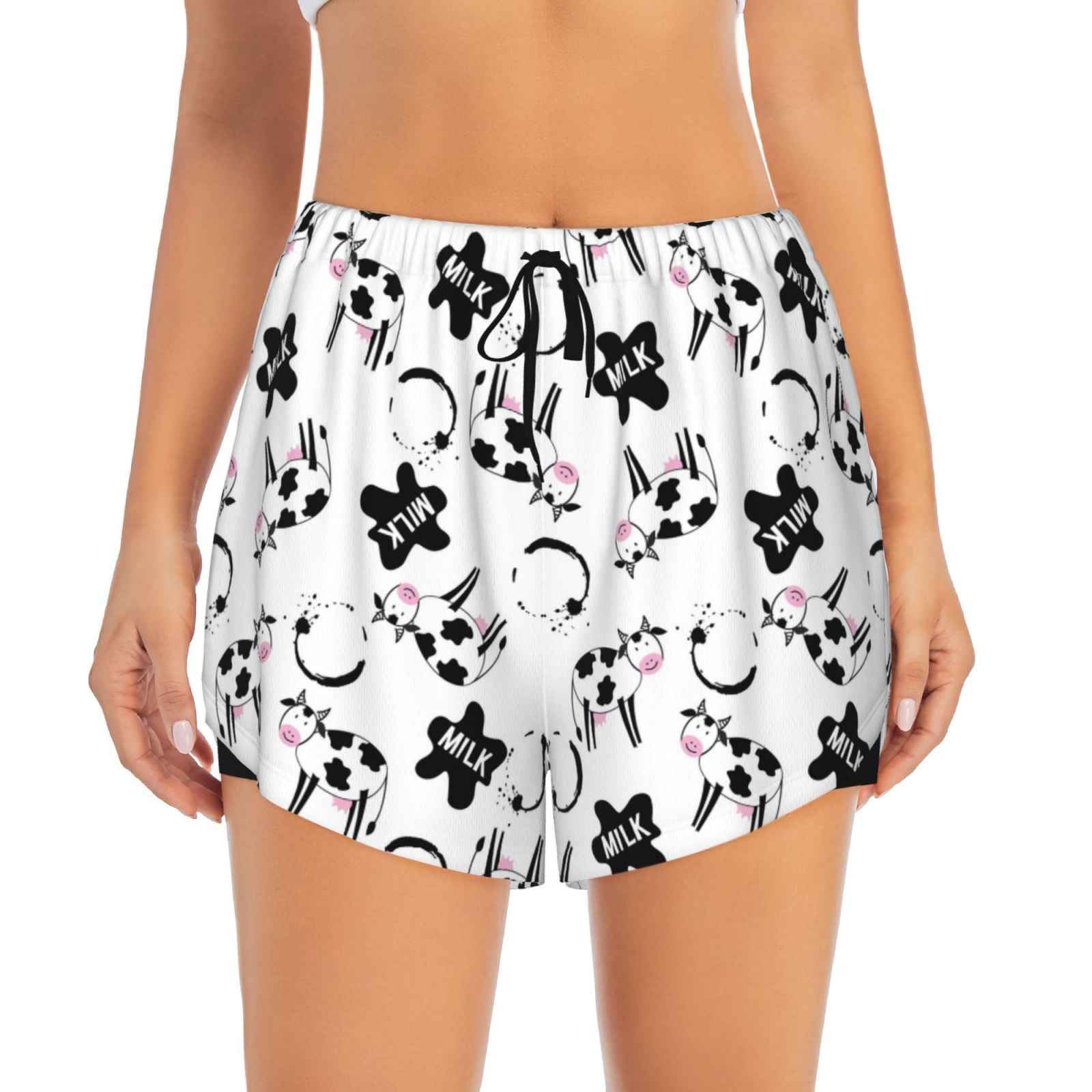 Disketp Cute Cow and Milk Stains Print Women's Shorts Workout Shorts ...