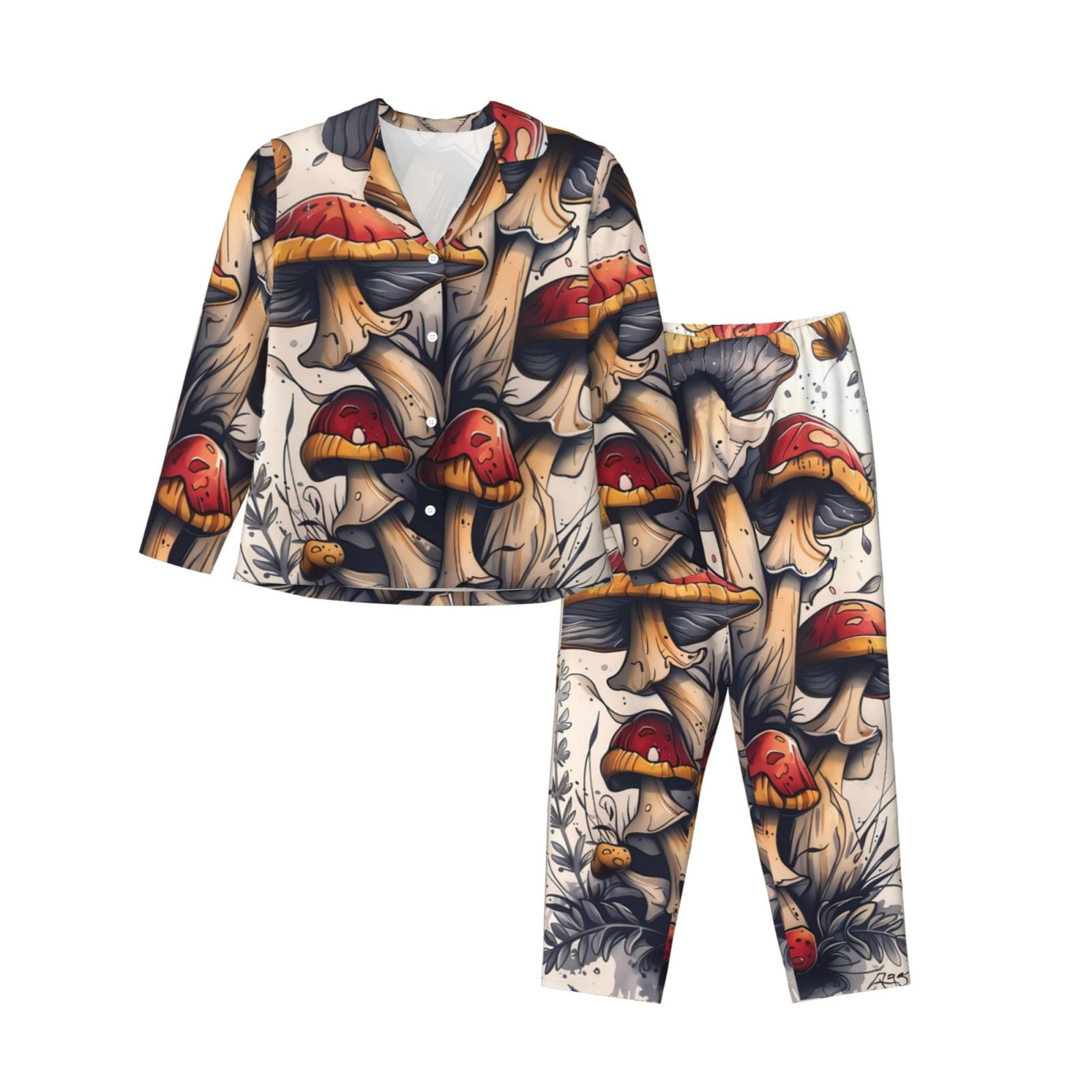 Disketp Cute Forest Mushrooms Pajamas Set Long Sleeve Sleepwear Womens ...