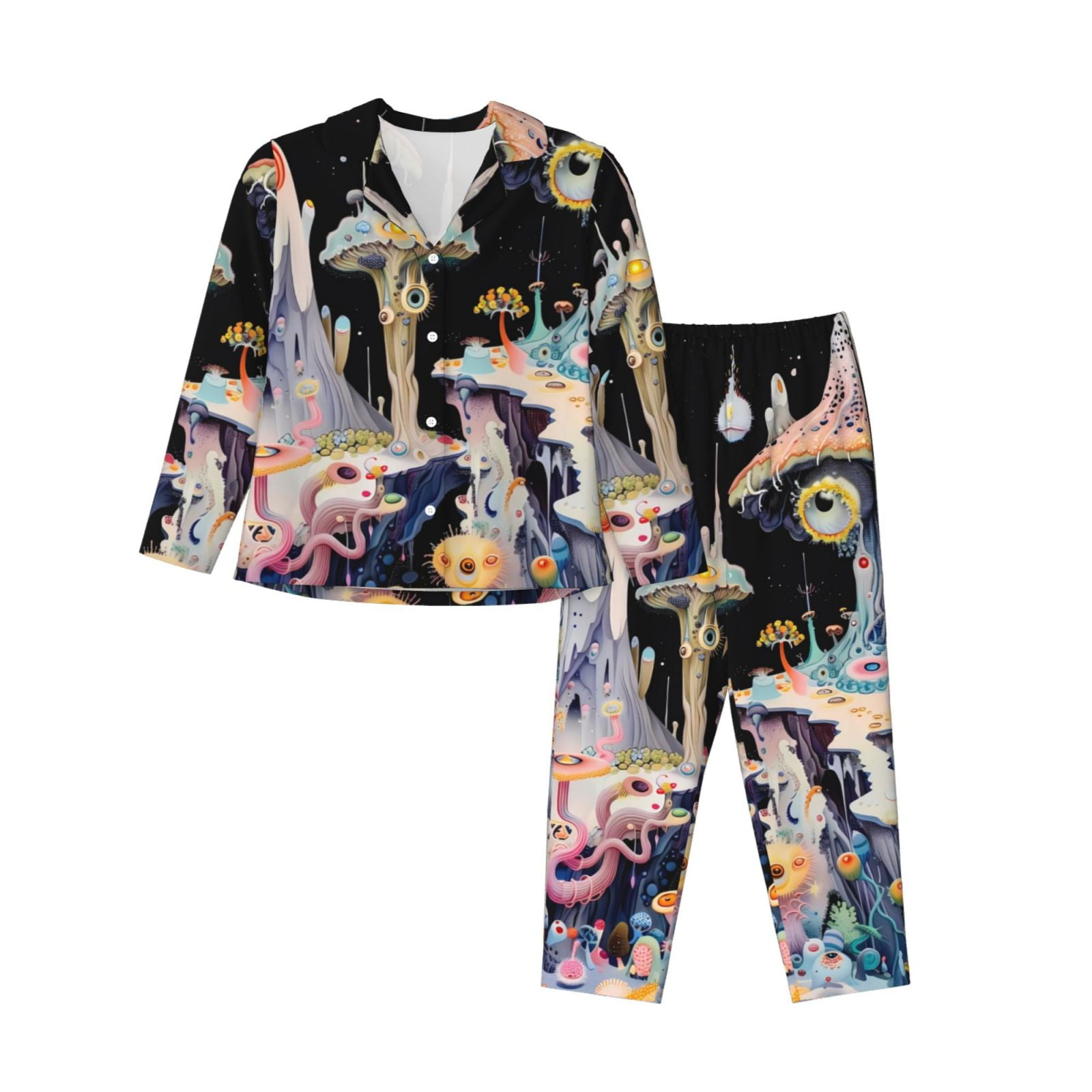 Disketp Cute Mushroom Landscape Pajamas Set Long Sleeve Sleepwear Womens Button Down Nightwear ...