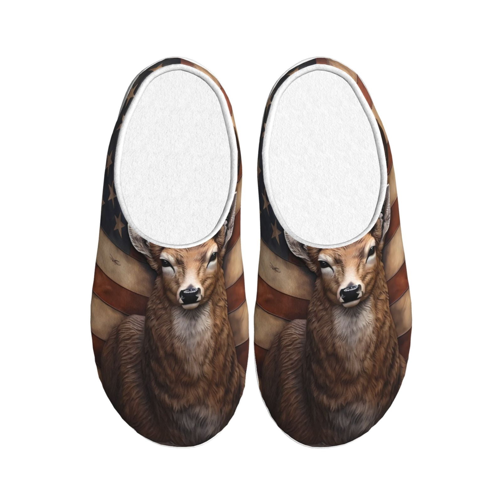 Disketp Deer American Flag Wall Women's Men's Slippers Plush Slip-On ...