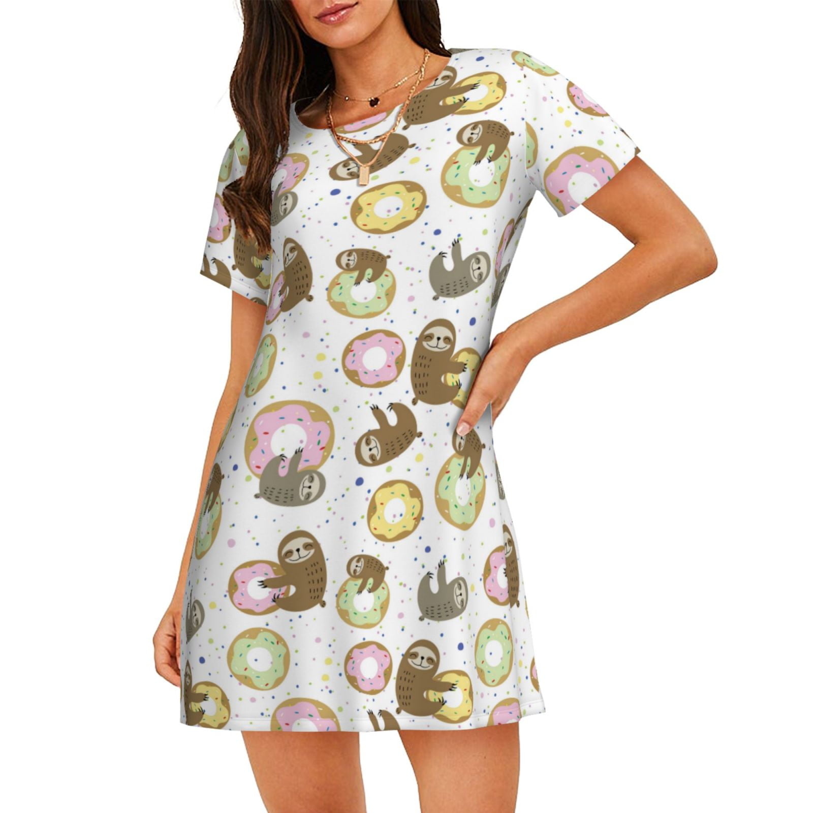 Disketp Donut Sloth for Womens Short Sleeve Sleepshirt Scoopneck Cute ...