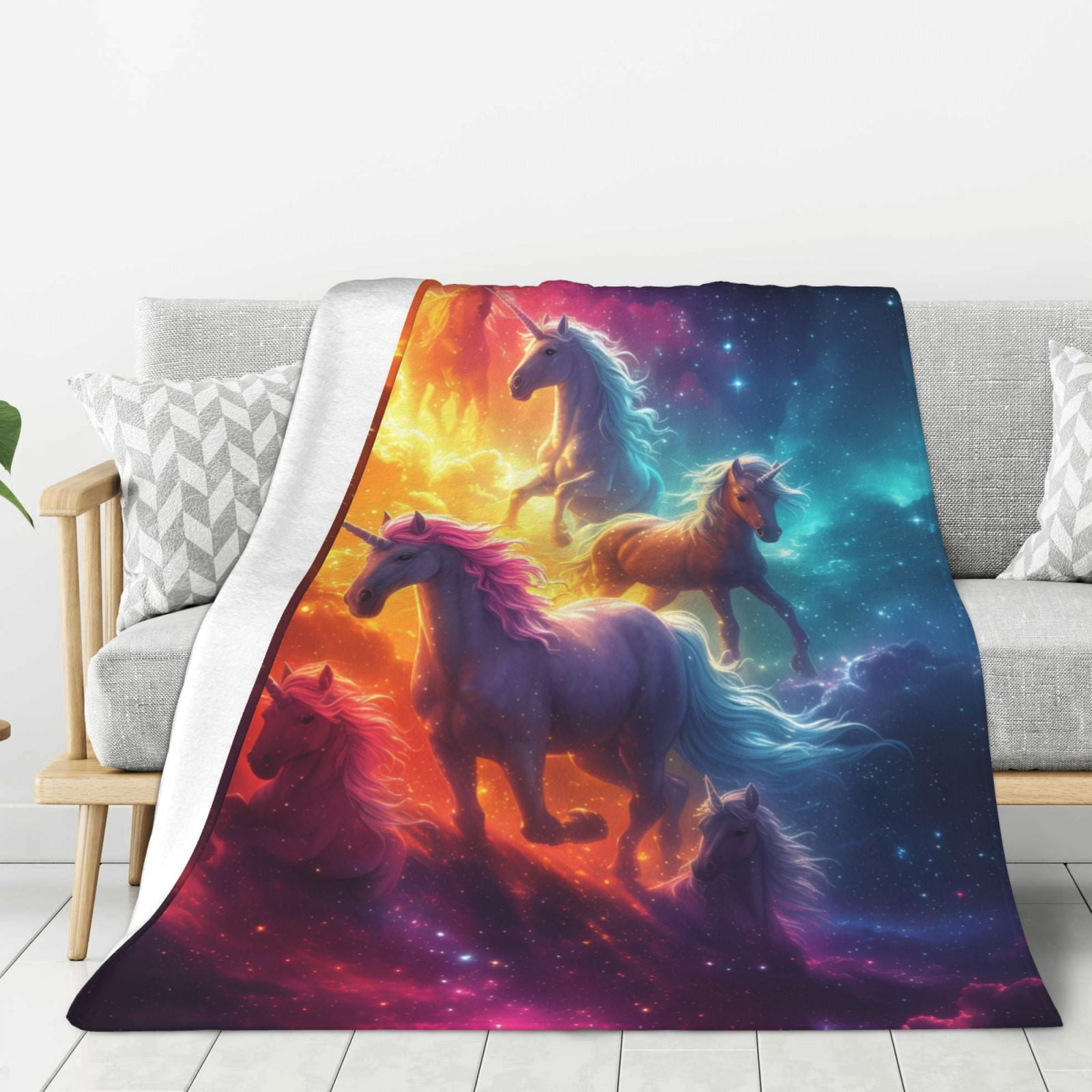 Disketp Dreamy Night Sky White Horse Cozy Flannel Fleece Throw Blanket ...