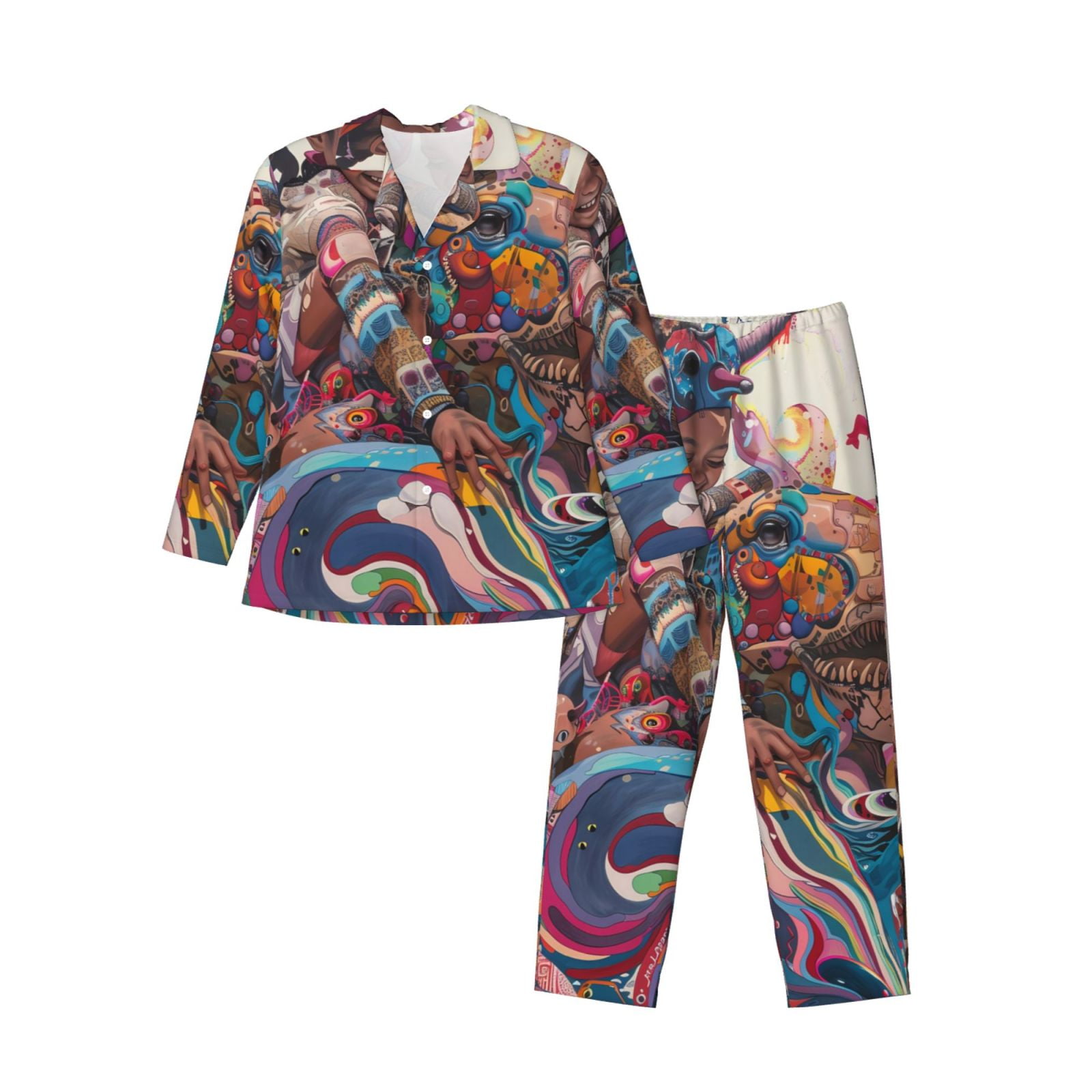Disketp Fantasy Colorful Beast for Pajamas Set Long Sleeve Sleepwear Mens Button Down Nightwear ...