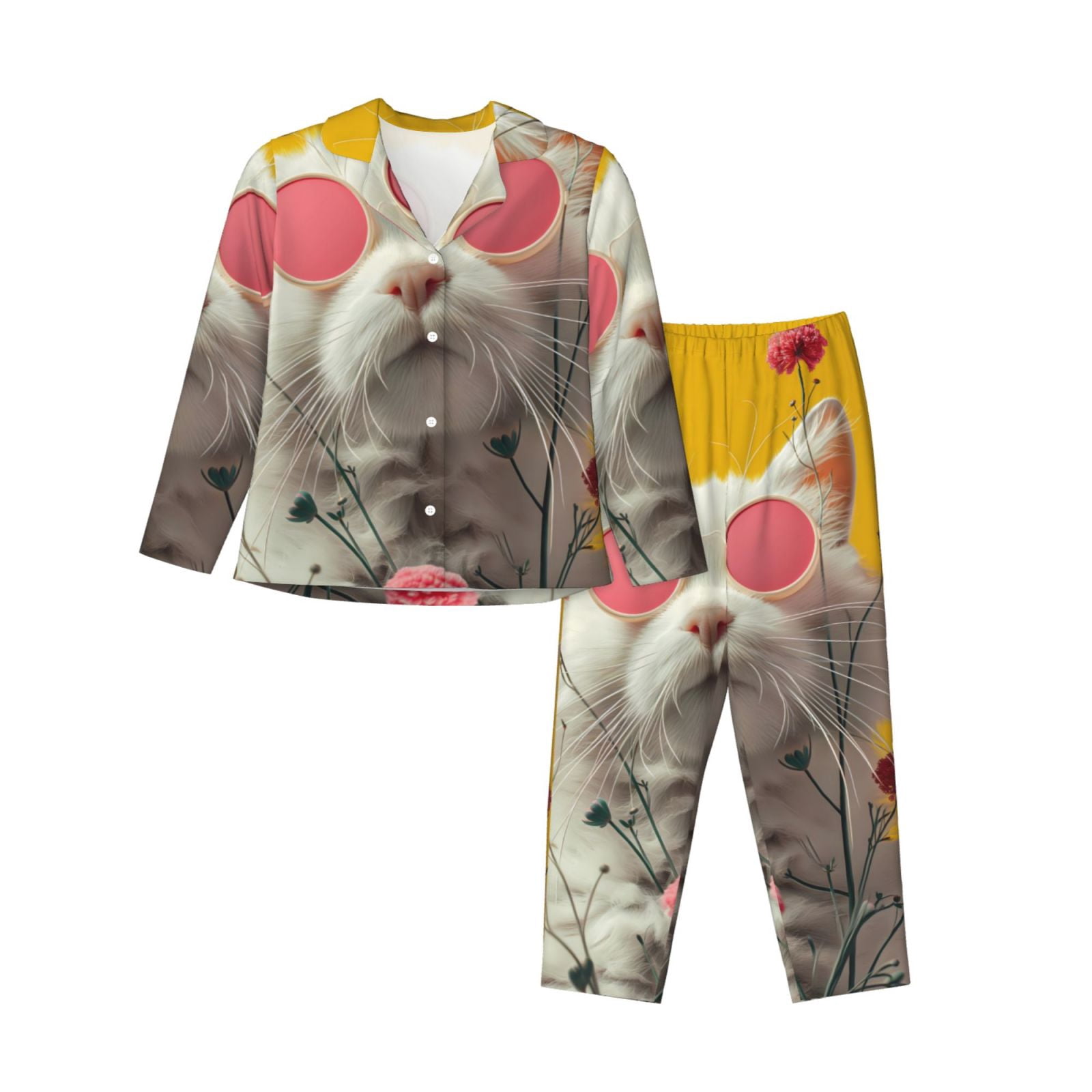 Disketp Floral Sunglasses Cat Art Pajamas Set Long Sleeve Sleepwear ...