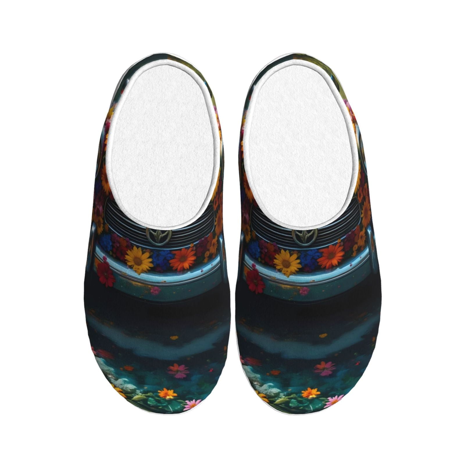 Disketp Flower Covered Vintage Car Women's Men's Slippers Plush Slip-On ...