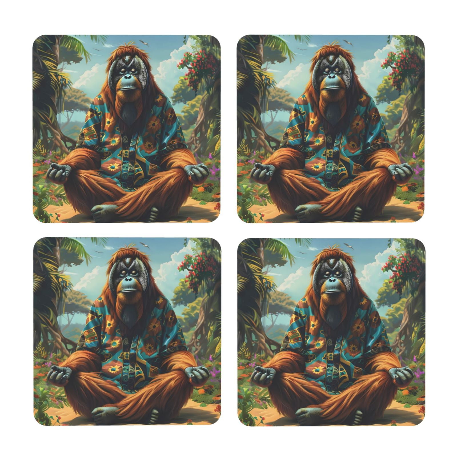 Disketp Forest Meditating Gorilla MDF Cork Coaster 4 Pcs - Absorbent Beverage Coasters for ...