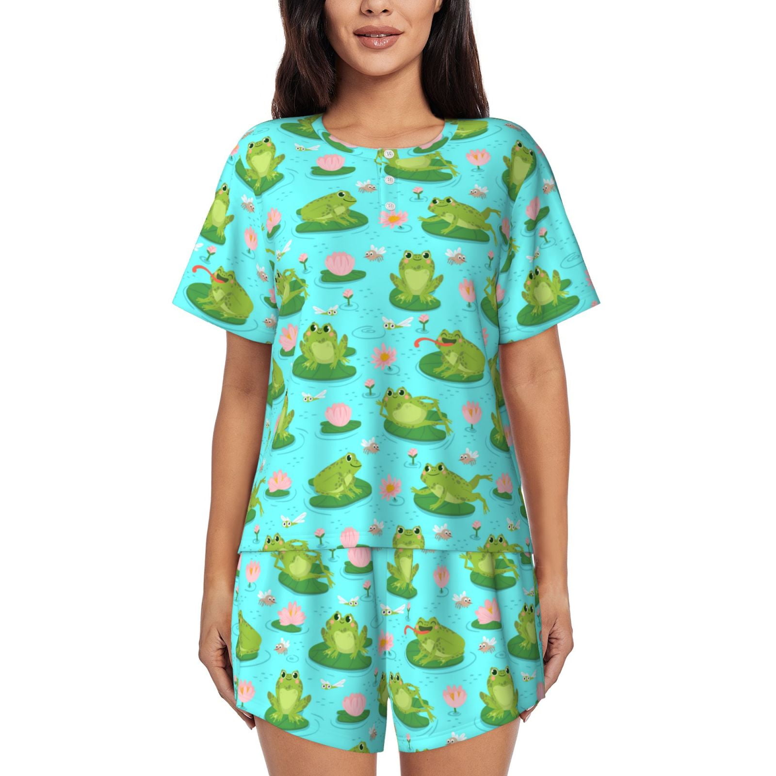 Disketp Frogs And Aquatic Plants for 2 Piece Shorts Sleepwear Women's Short-Sleeved Pajama Set ...