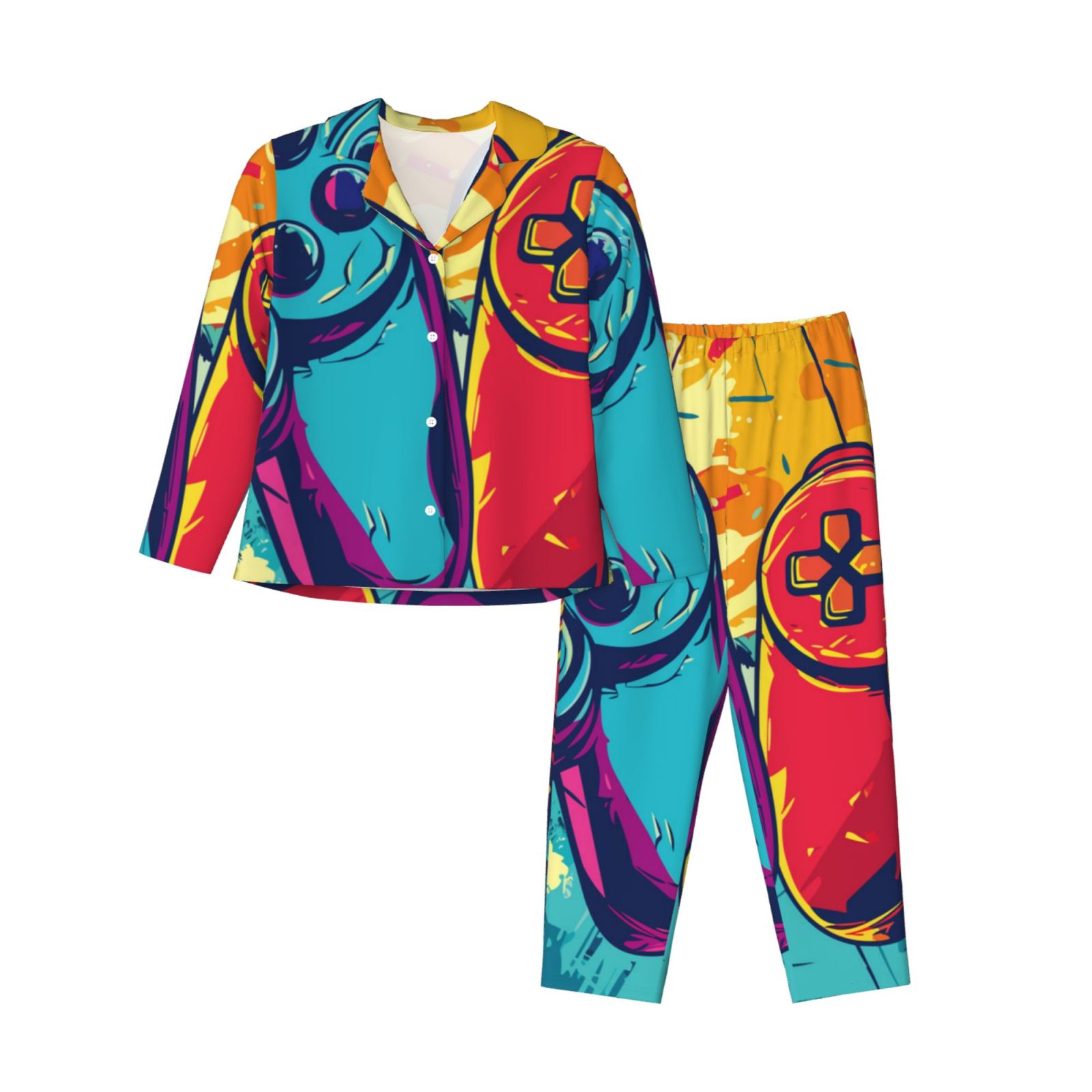 Disketp Gaming Pajamas Set Long Sleeve Sleepwear Womens Button Down ...