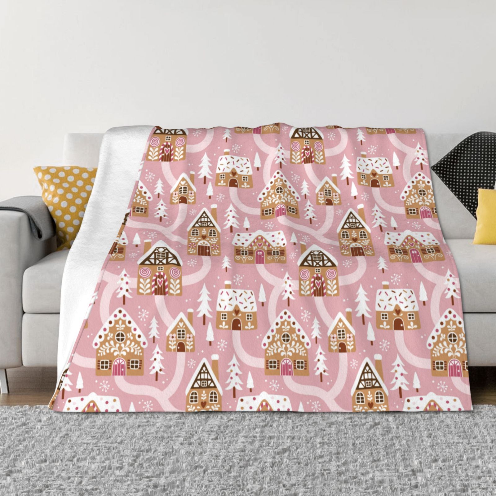 Disketp Gingerbread Houses Pink Wonderland Flannel Blankets - Thick and ...