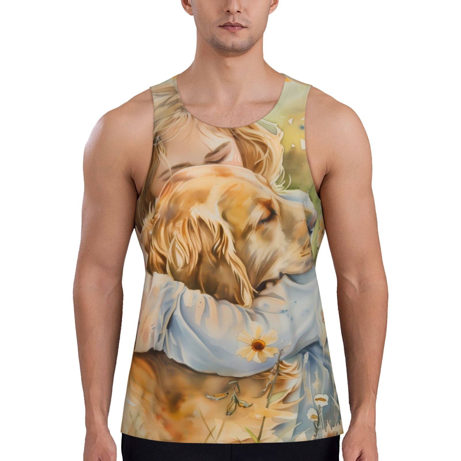 Disketp Girl Hugging Dog Flowers Men's Workout Tank Tops Sleeveless Gym ...