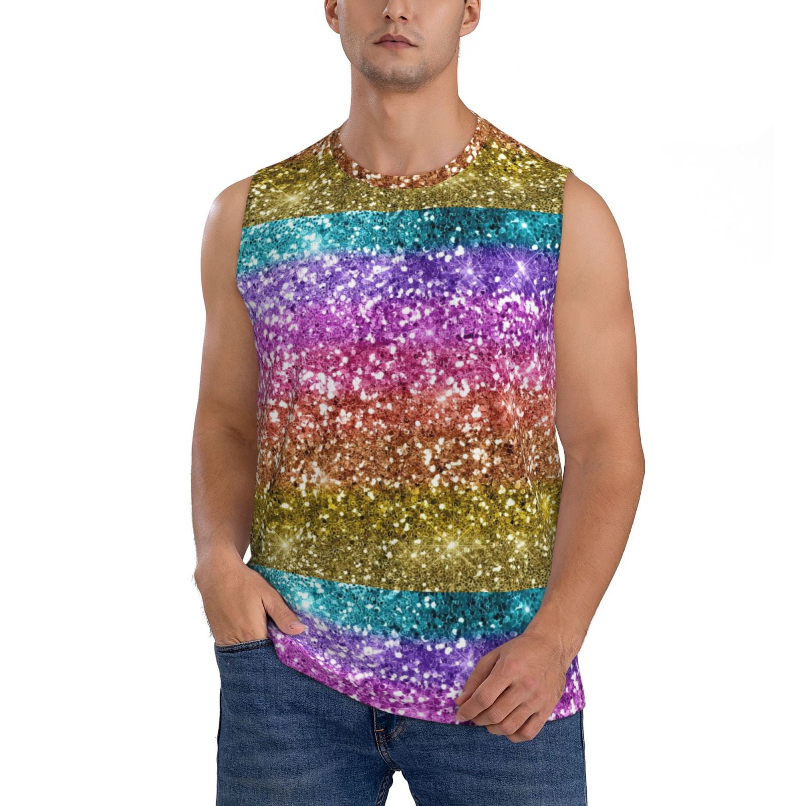 Disketp Glitter Rainbow Sleeveless Tshirts For Men, Muscle Shirts For ...
