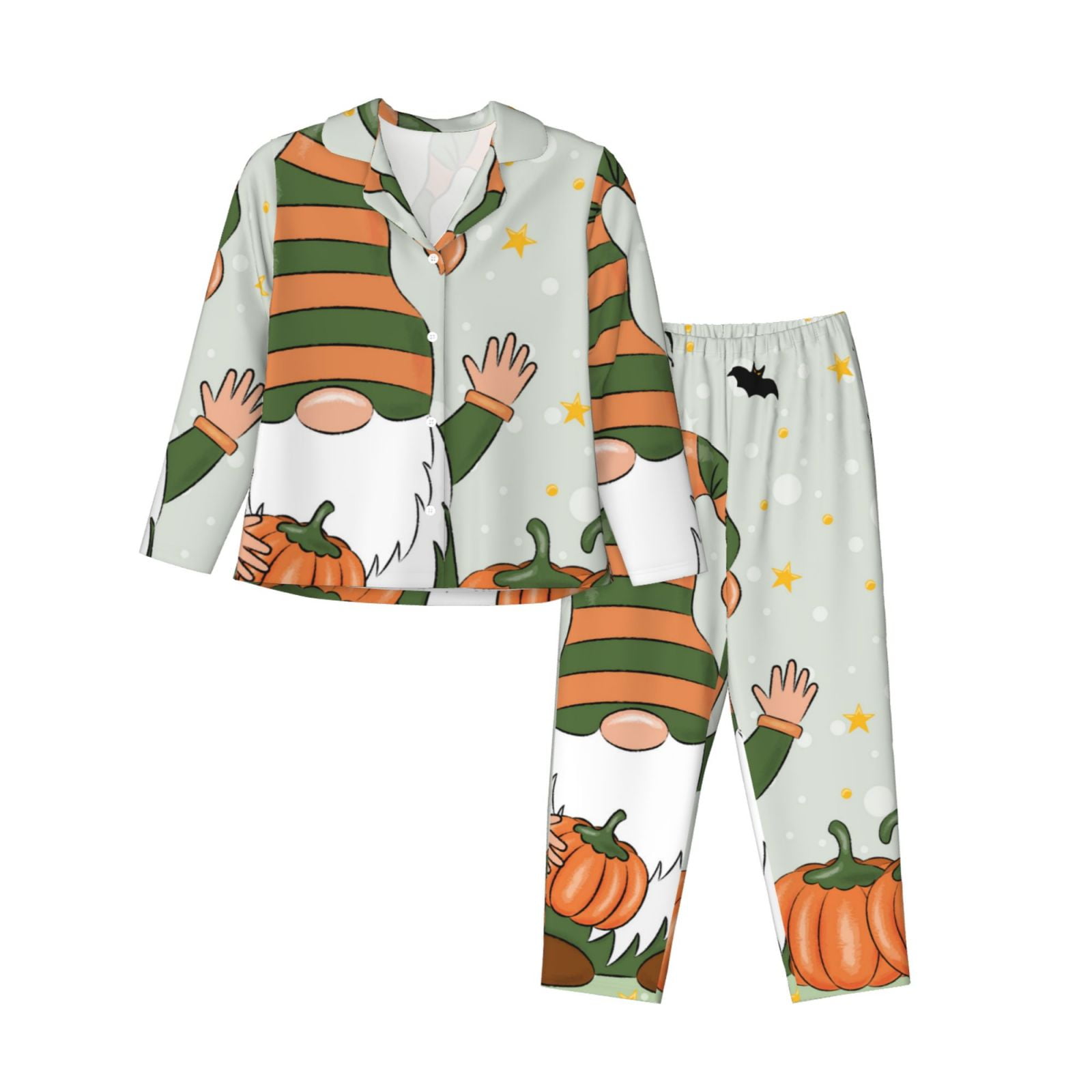 Disketp Gnome Holding A Pumpkin Pajamas Set Long Sleeve Sleepwear ...