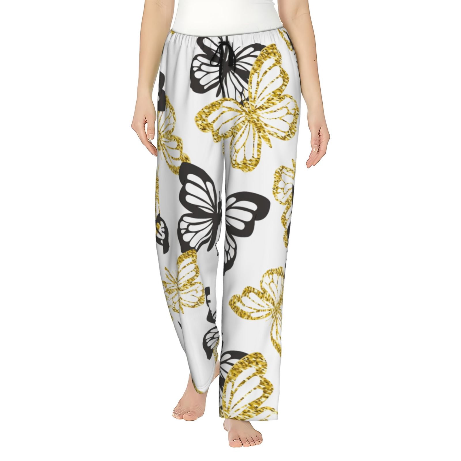 Disketp Golden Glitter Butterflies Print Women'S Comfy Pajama Pants ...