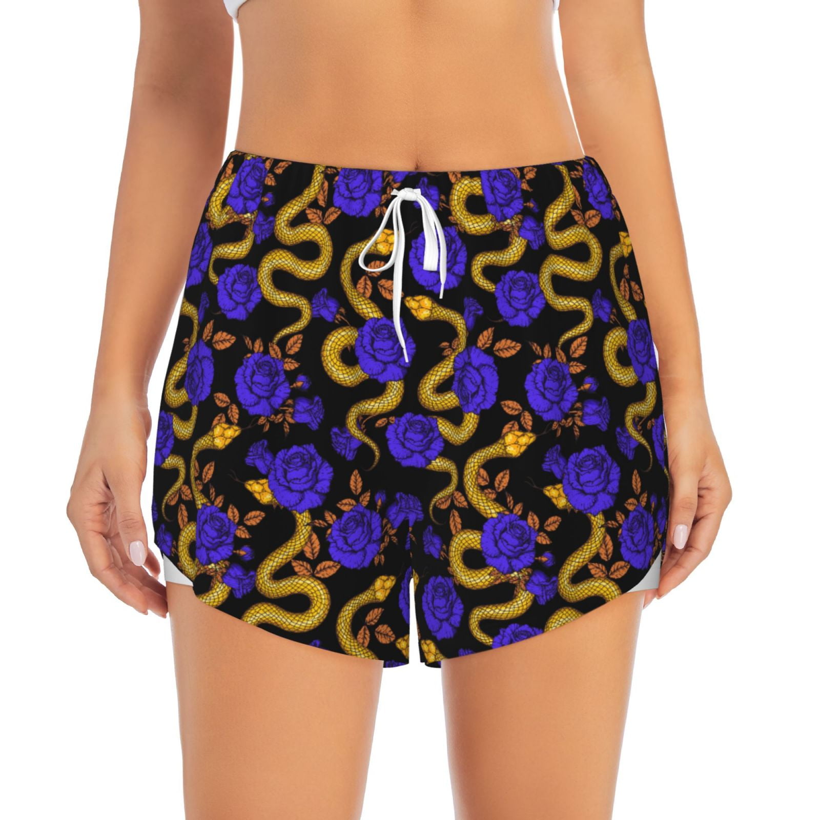 Disketp Golden Snake And Purple Rose Print Women's Shorts Workout ...