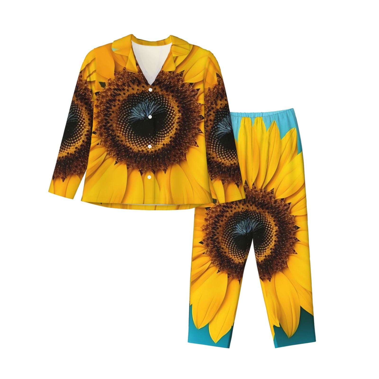 Disketp Golden Sunflower in Blue Pajamas Set Long Sleeve Sleepwear ...