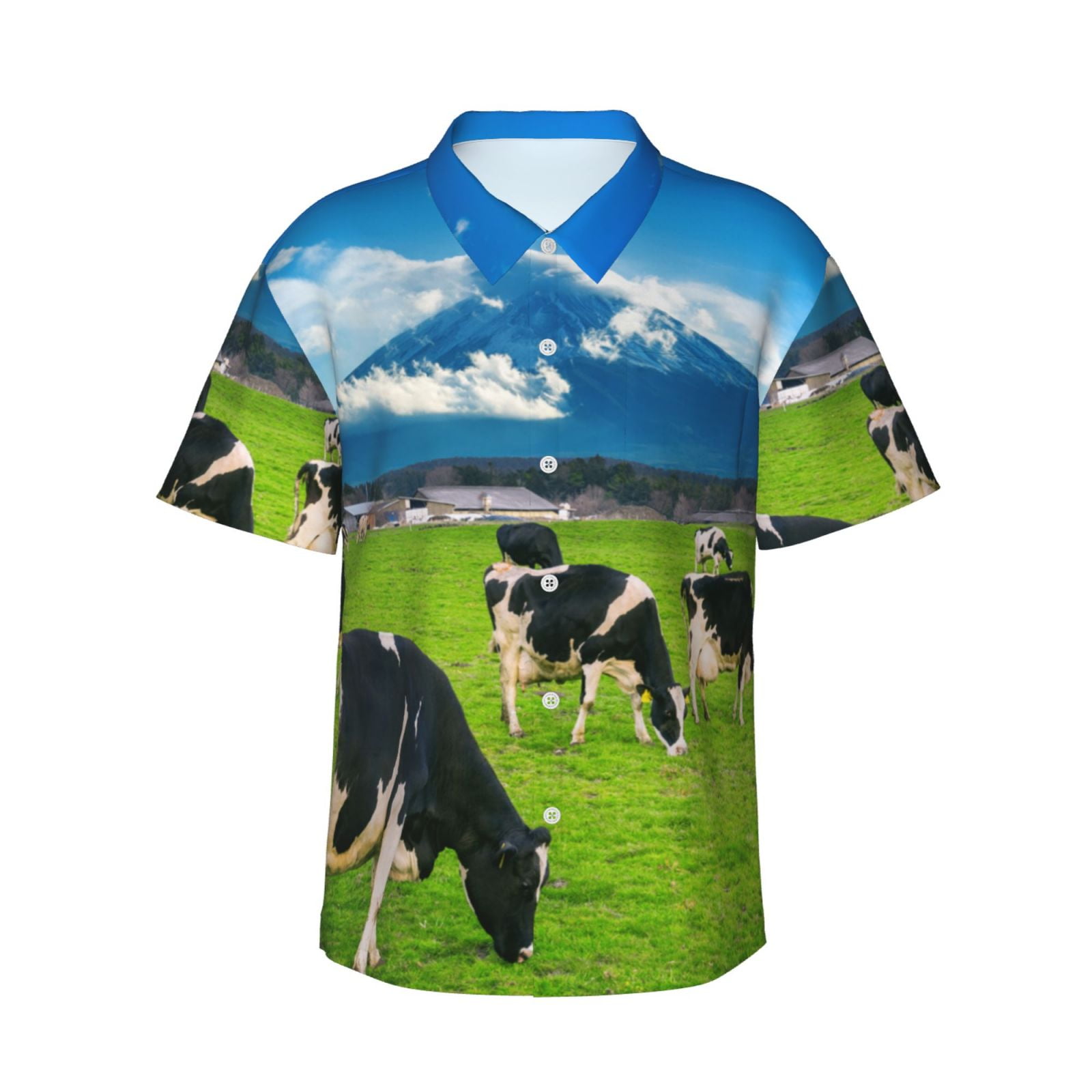 Disketp Grazing Cows Mountain View Hawaiian Shirts for Men,Mens Casual ...