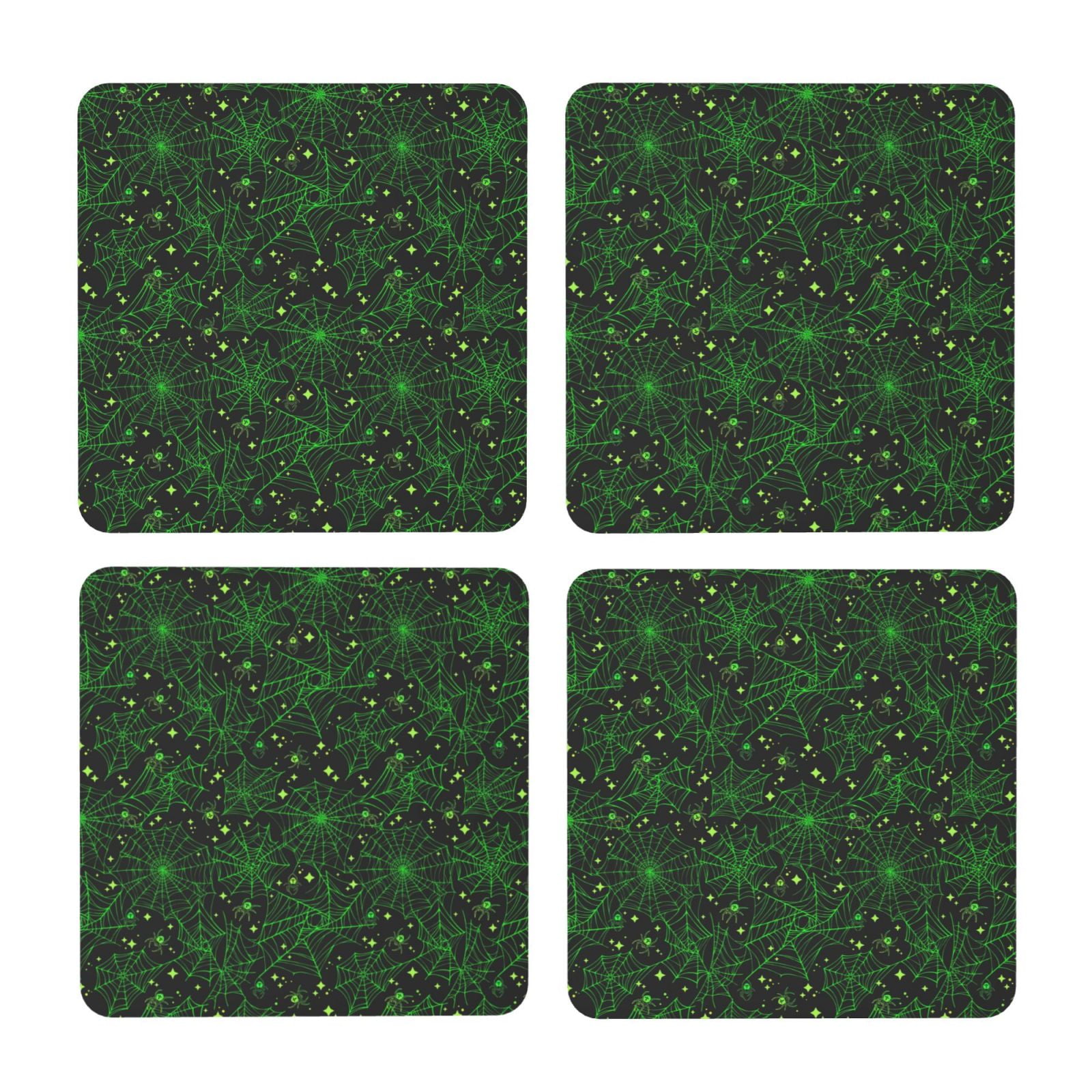 Disketp Green Bright Web with Spiders MDF Cork Coaster 4 Pcs ...