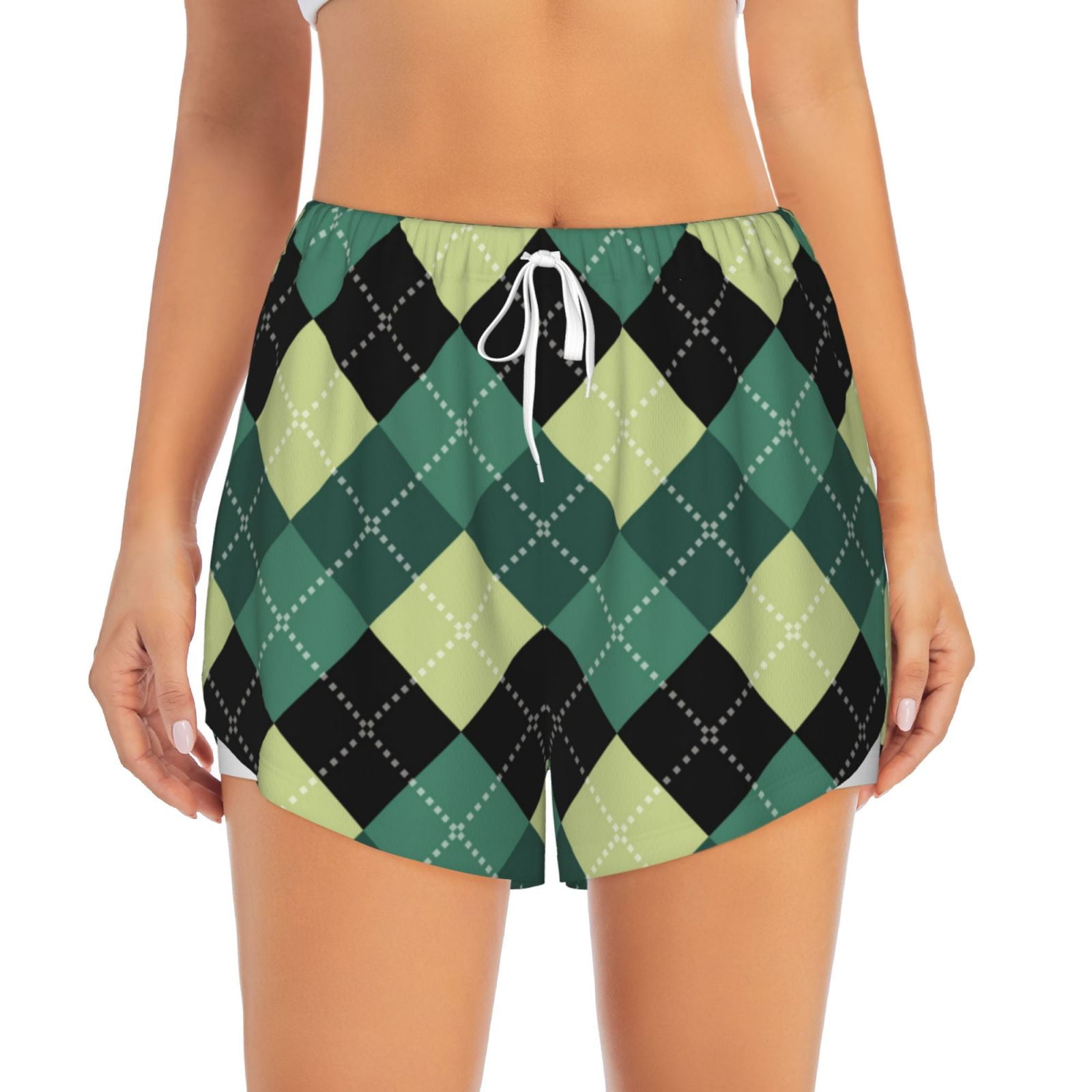Disketp Green Squares Print Women's Shorts Workout Shorts for Athletic ...