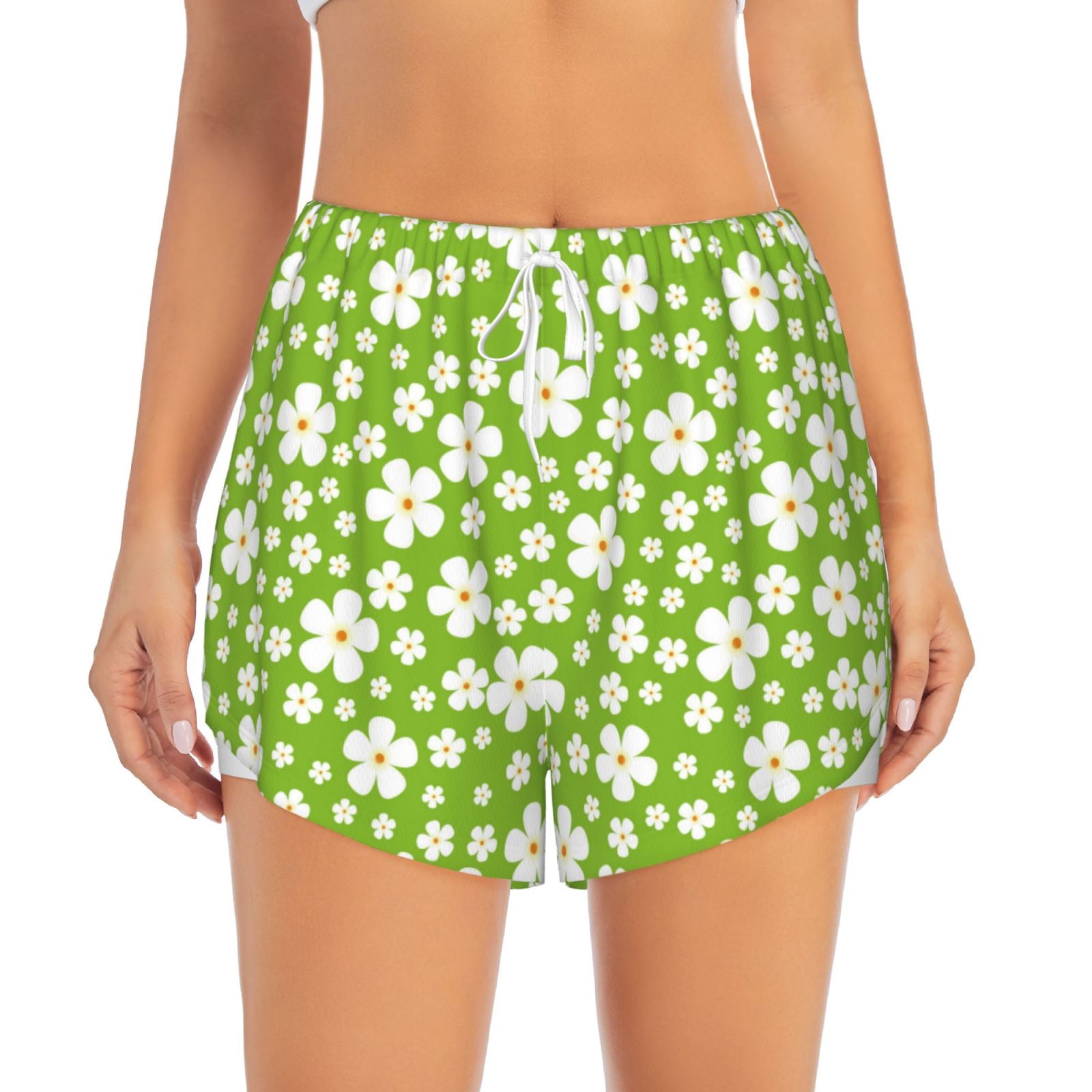 Disketp Green White Flowers Print Women's Shorts Workout Shorts for ...