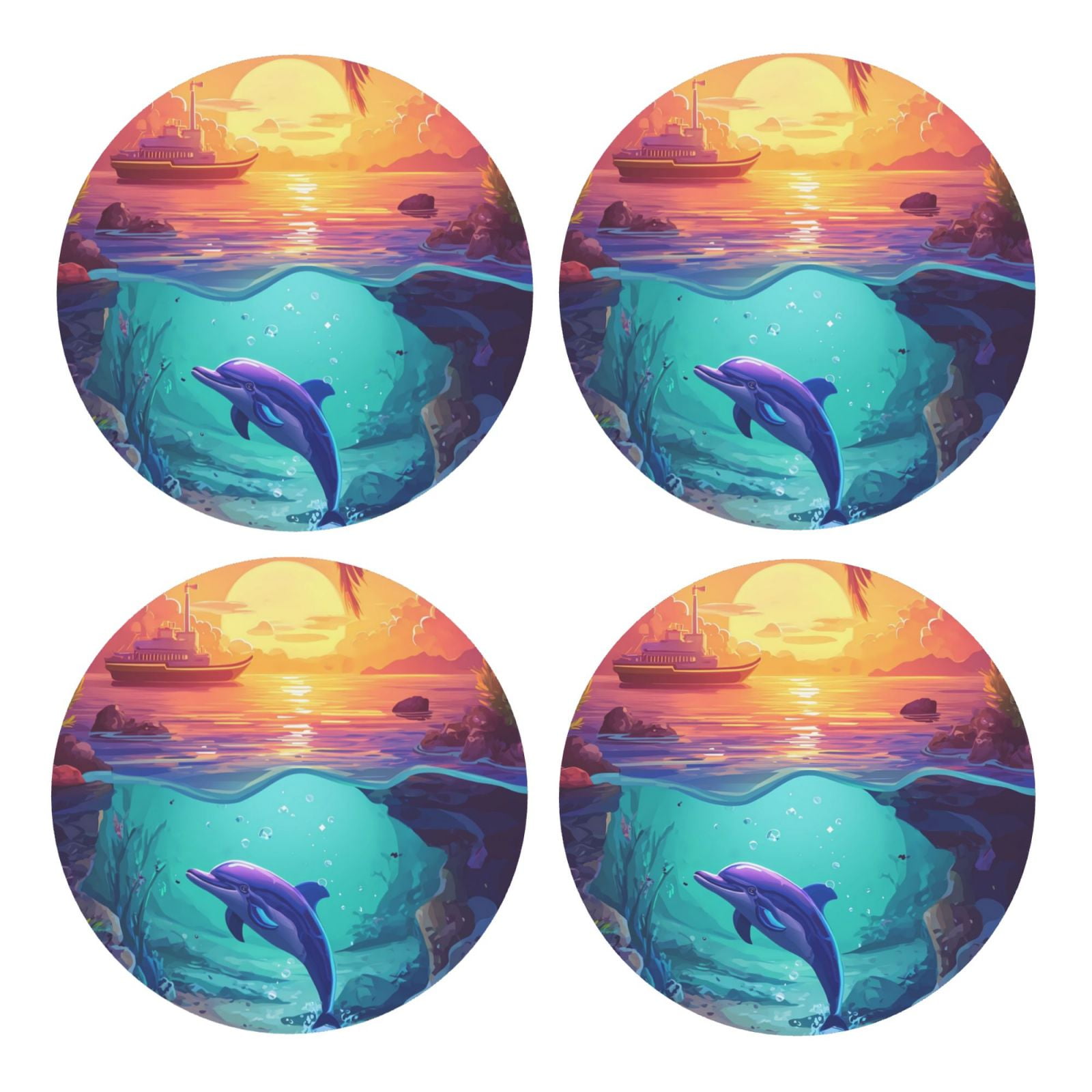 Disketp Hawaiian Island Dolphin MDF Cork Coaster 4 Pcs - Absorbent ...