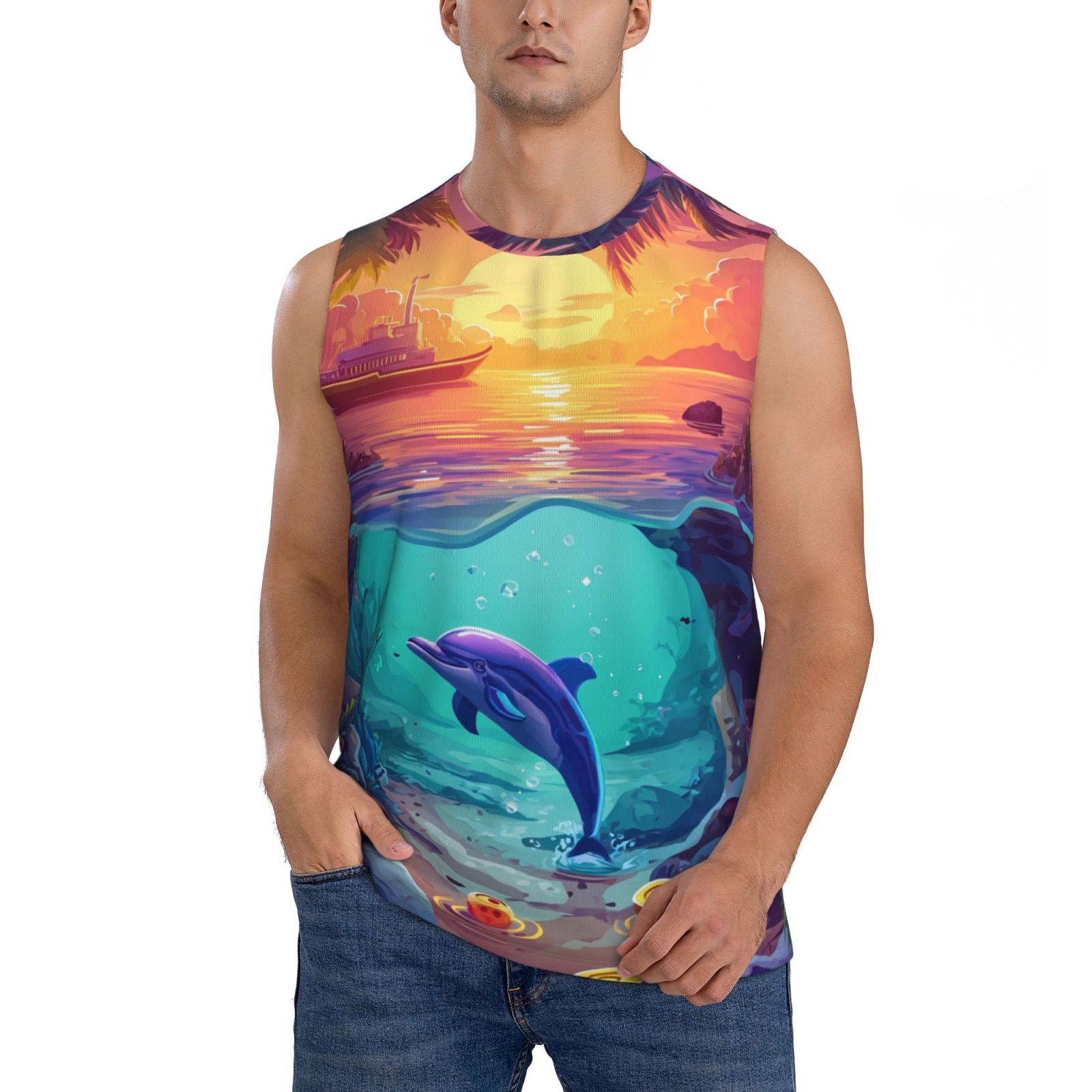 Disketp Hawaiian Island Dolphin Sleeveless Tshirts for Men, Muscle ...