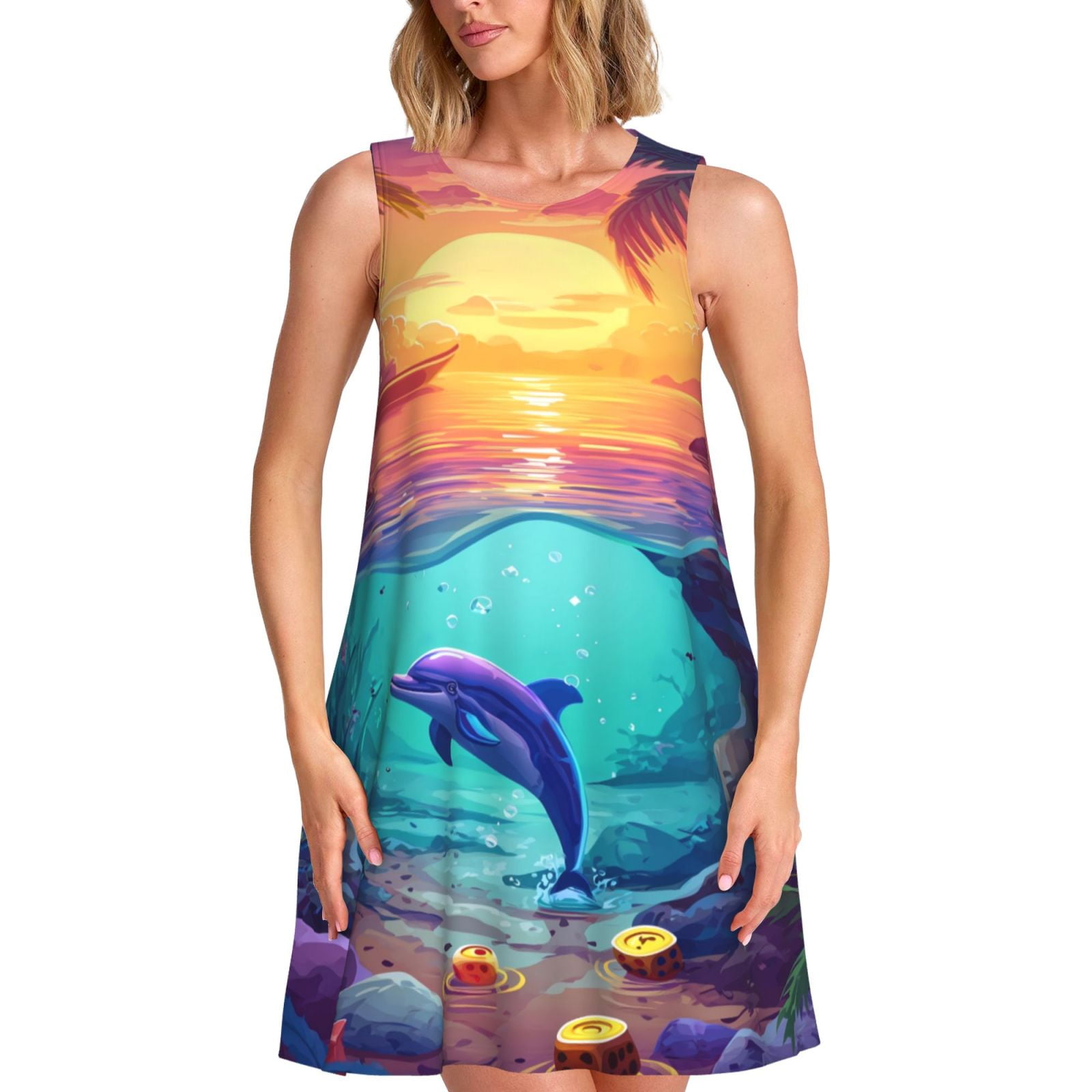 Disketp Hawaiian Island Dolphin for Women's Sleeveless Dress Womens ...