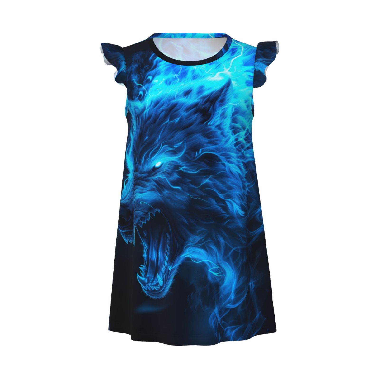Disketp Ice Blue Fire Wolf Print Girls Nightgowns 3-10 Years Flutter ...