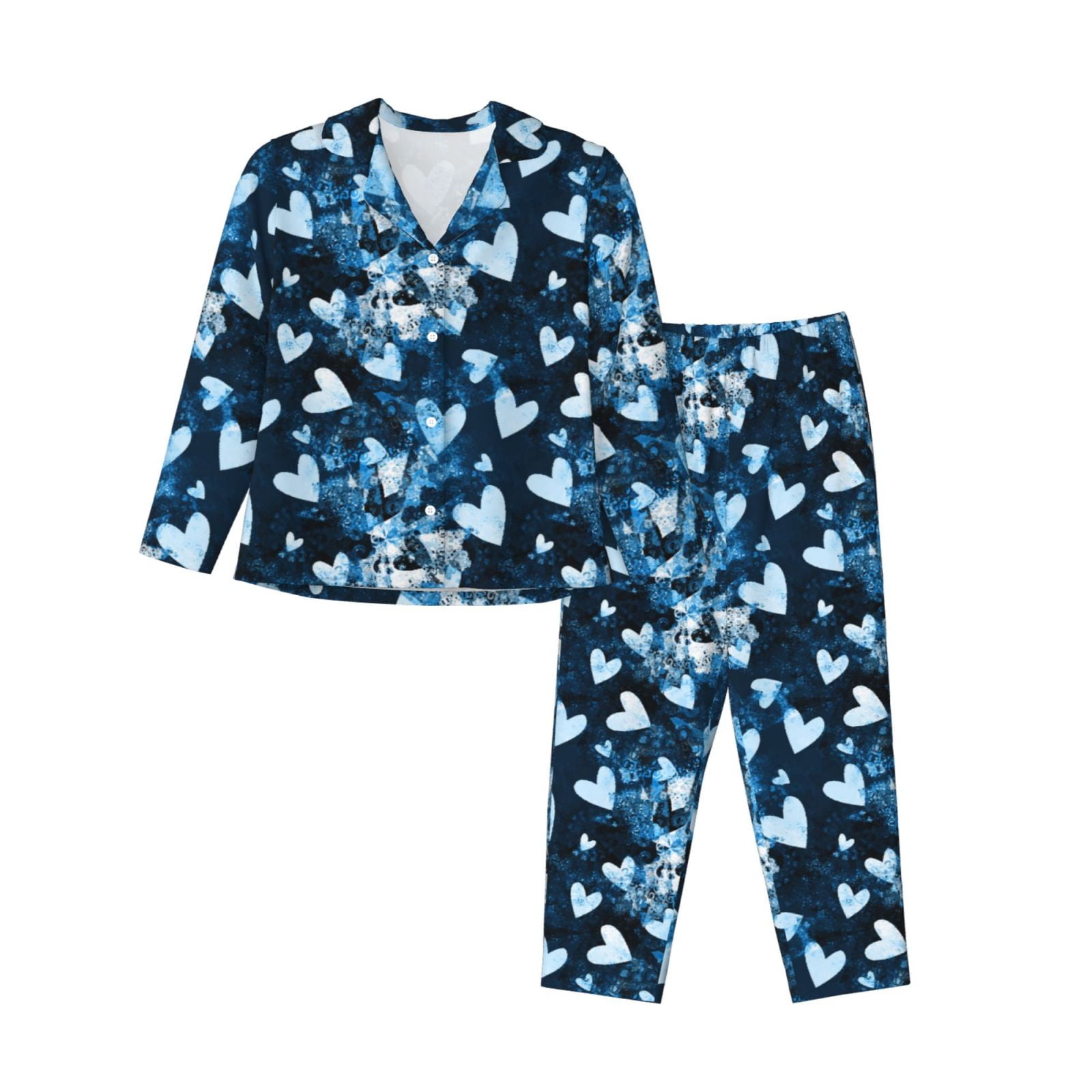 Disketp Ice Blue Heart Pajamas Set Long Sleeve Sleepwear Womens Button ...