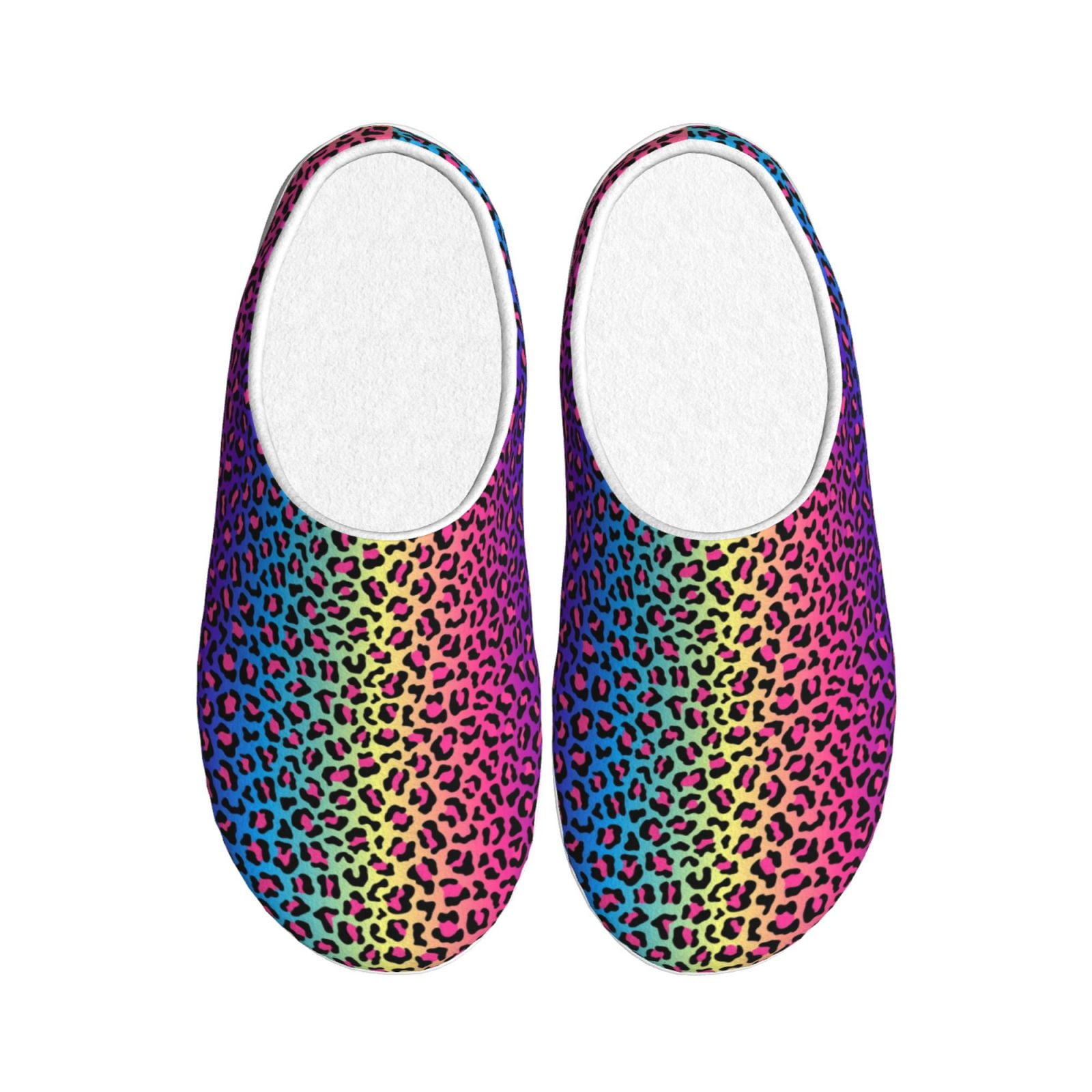 Disketp Leopard Neon Rainbow Gradient Women's Men's Slippers Plush Slip ...