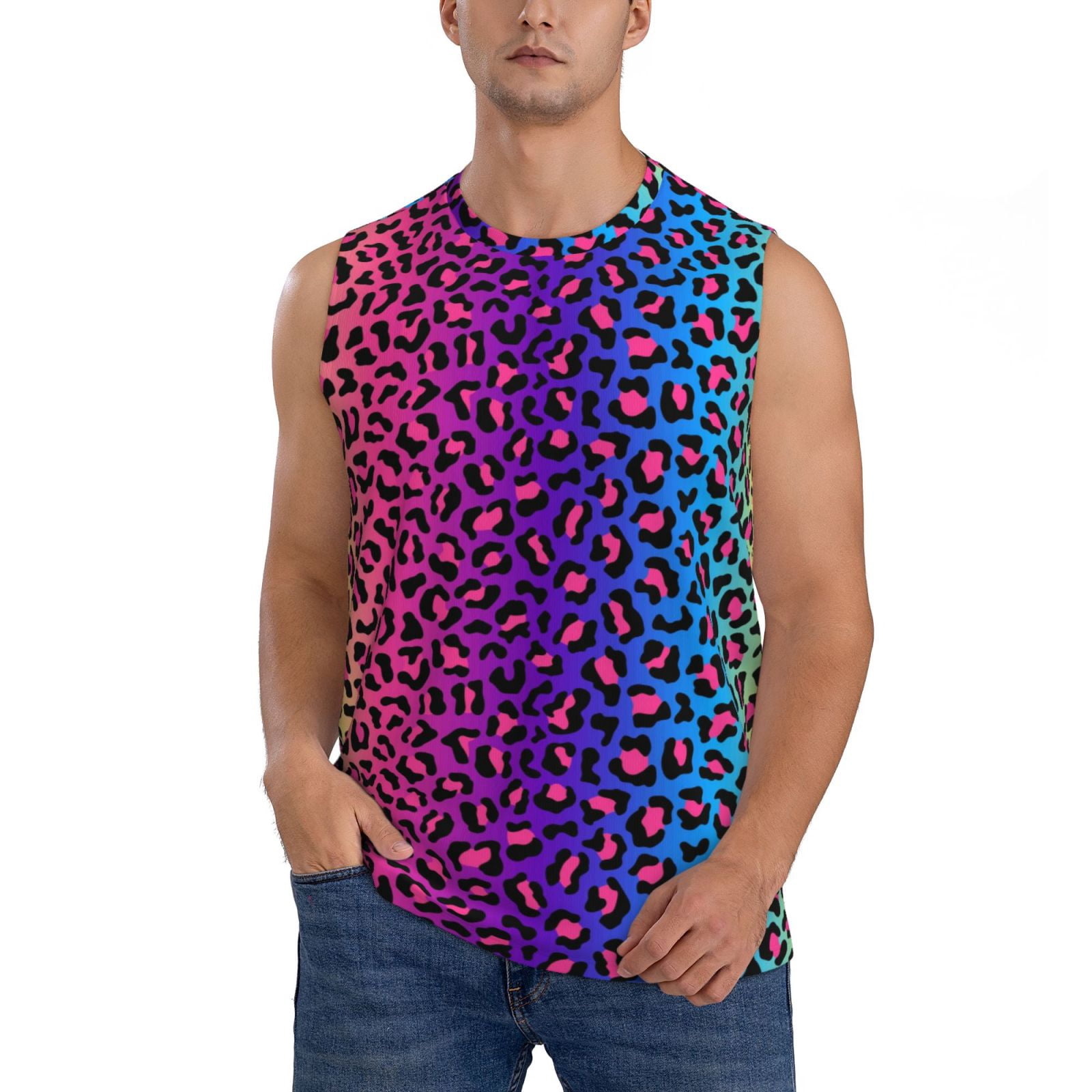 Disketp Leopard Neon Rainbow Sleeveless Tshirts For Men, Muscle Shirts ...