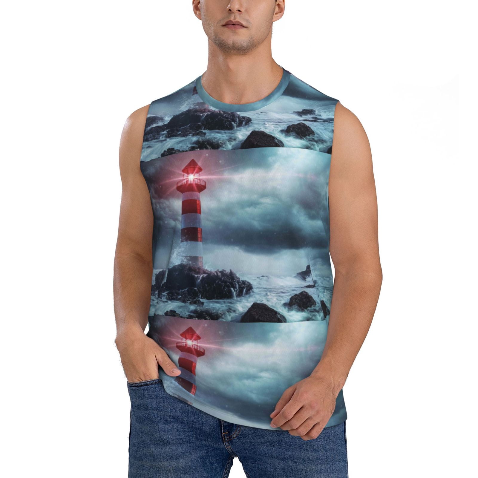 Disketp Lighthouse In A Stormy Sea Sleeveless Tshirts For Men, Muscle ...