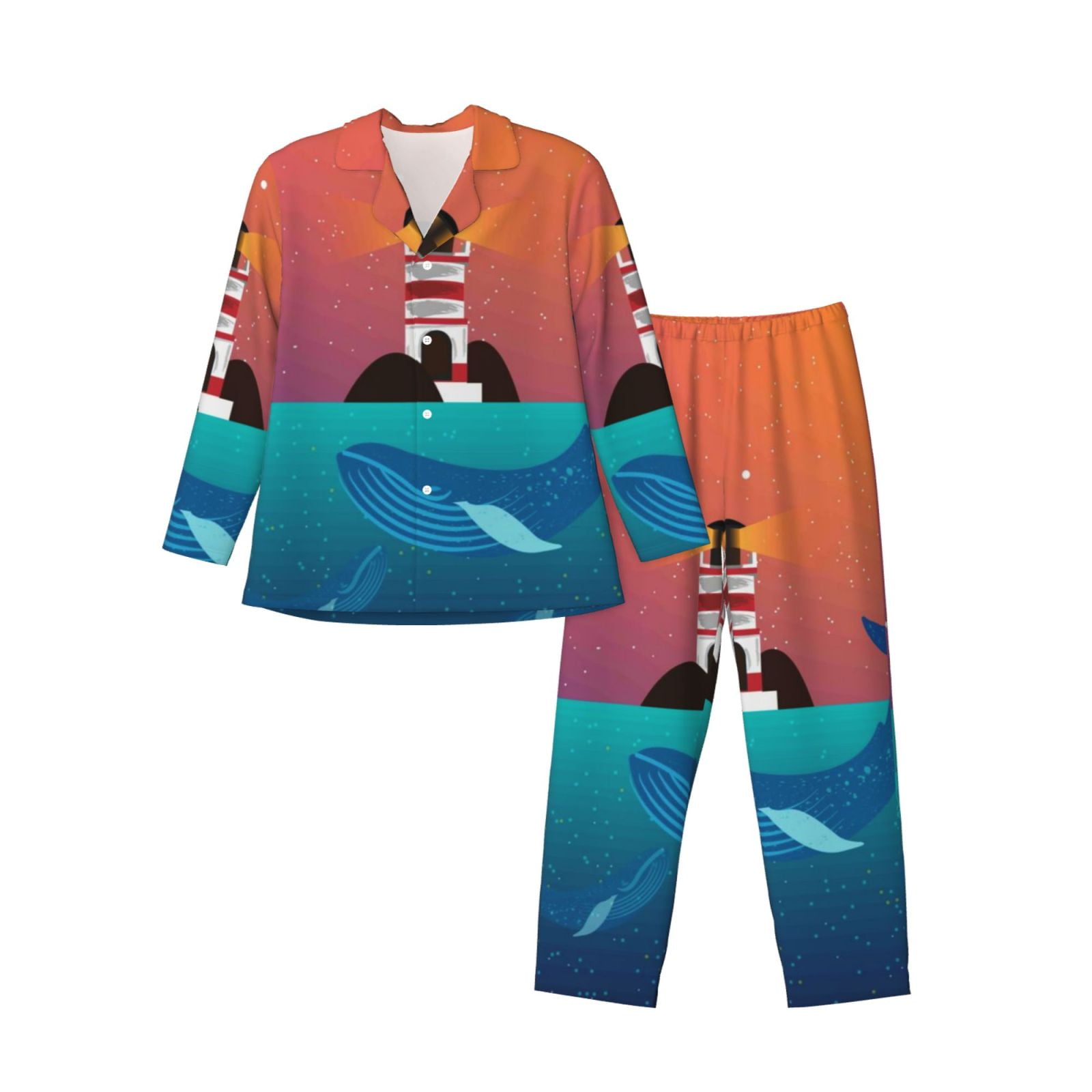 Disketp Lighthouse and Whale for Pajamas Set Long Sleeve Sleepwear Mens ...