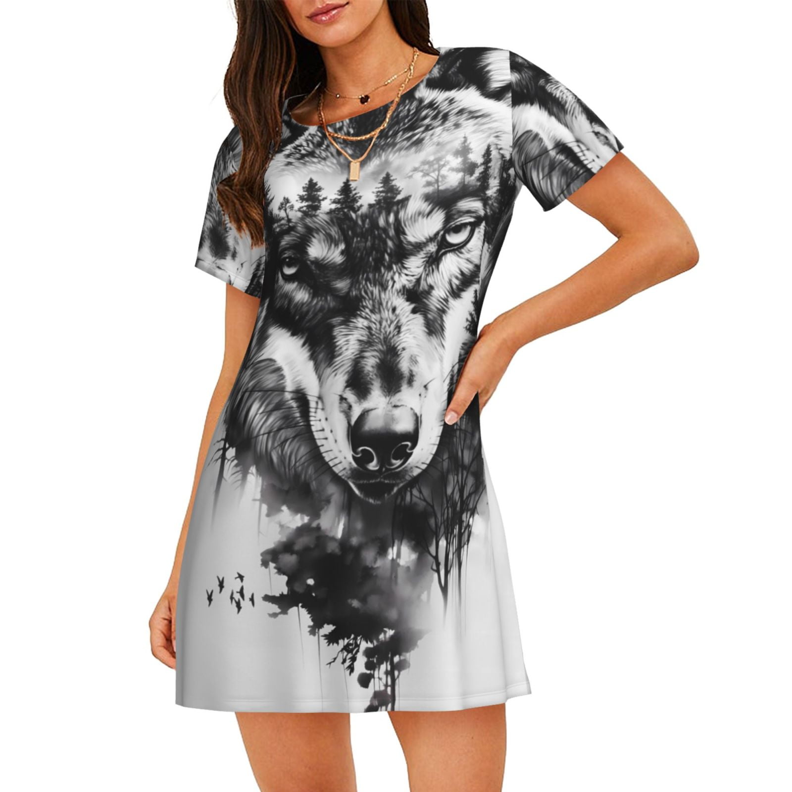 Disketp Majestic Wolf Landscape for Womens Short Sleeve Sleepshirt ...