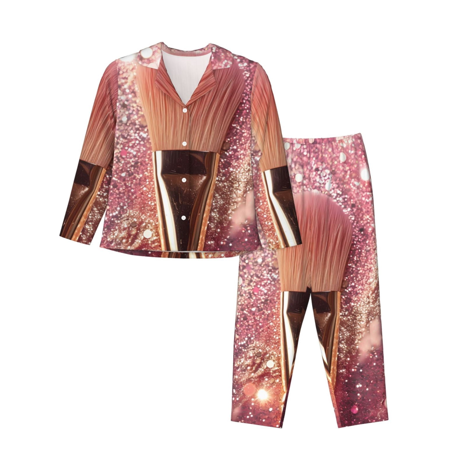 Disketp Makeup Brush on Pink Glitter Pajamas Set Long Sleeve Sleepwear ...
