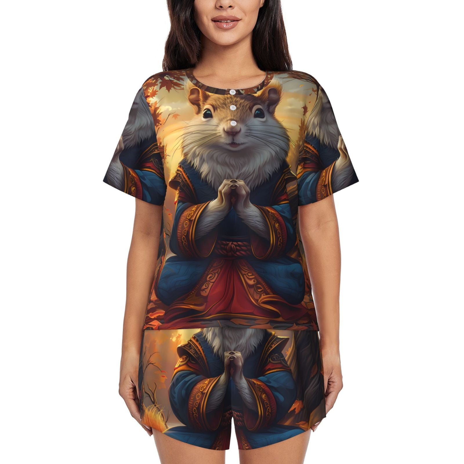 Disketp Maple Leaf Meditating Squirrel for 2 Piece Shorts Sleepwear ...