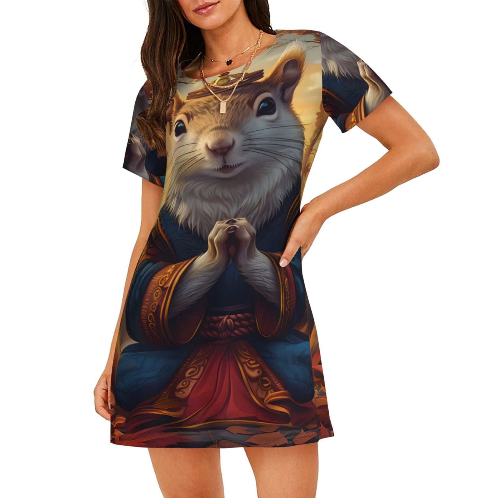 Disketp Maple Leaf Meditating Squirrel for Womens Short Sleeve ...