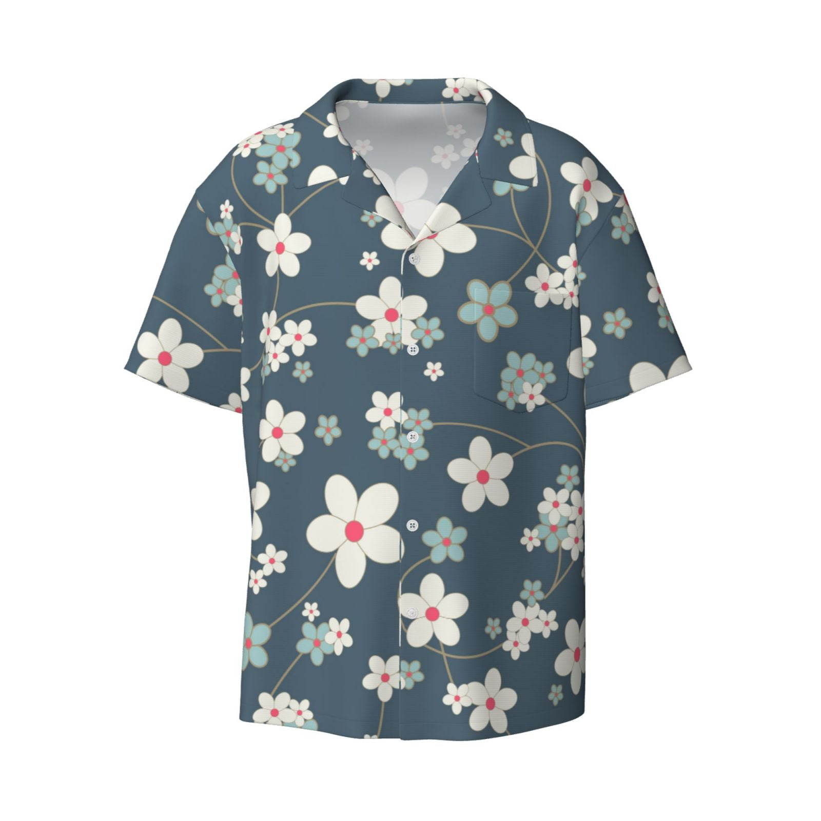 Disketp Men's Hawaiian Blue Flower Print Shirts Button Down Holiday ...