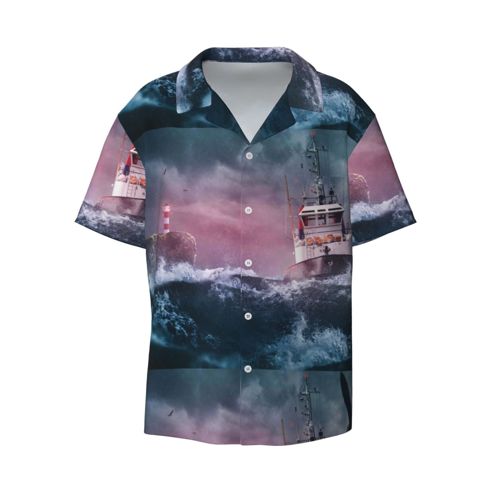 Disketp Men's Hawaiian Boat Lighthouse Storm Waves Print Shirts Button ...