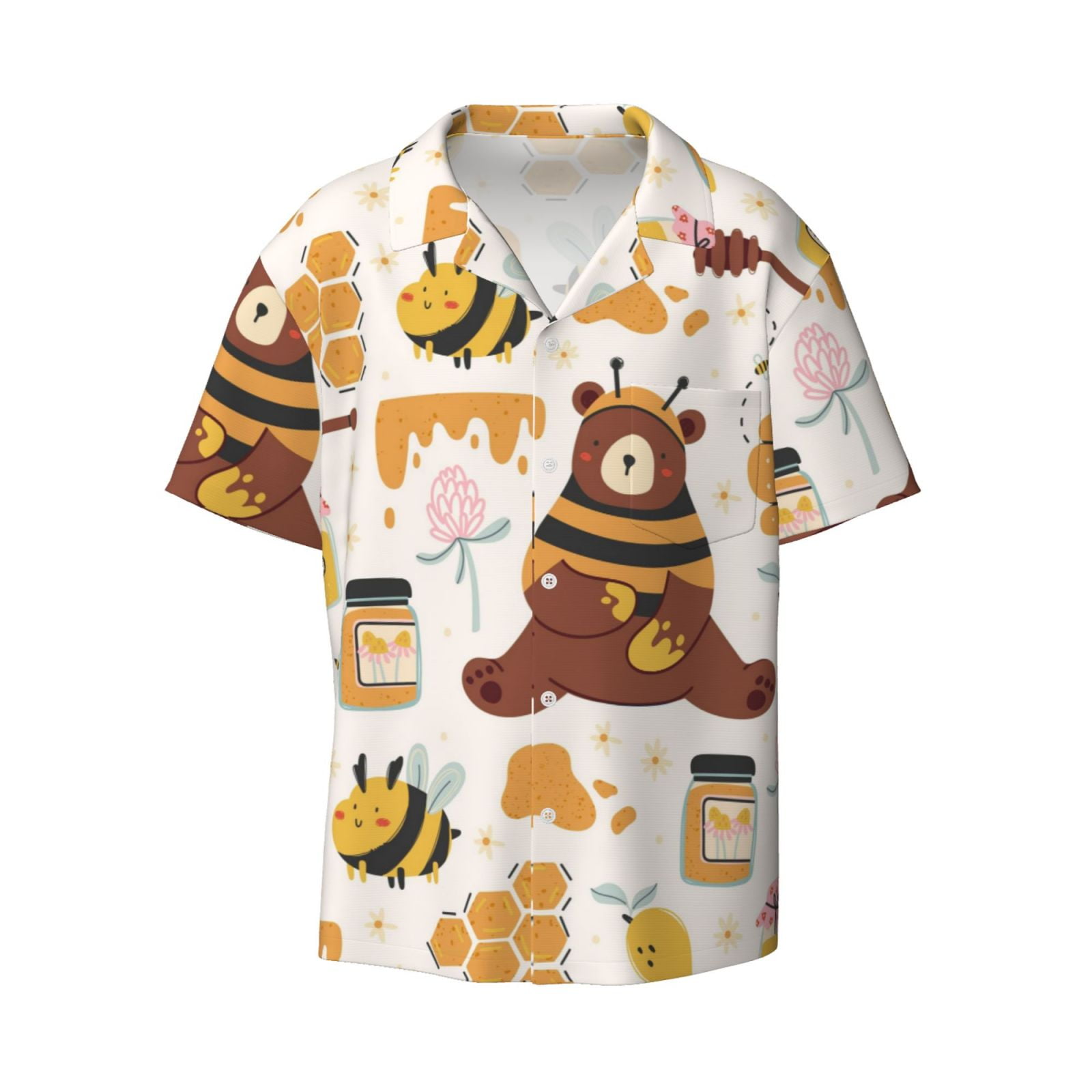 Disketp Men's Hawaiian Cute Bee Honey Jar Hive Bear Print Shirts Button ...