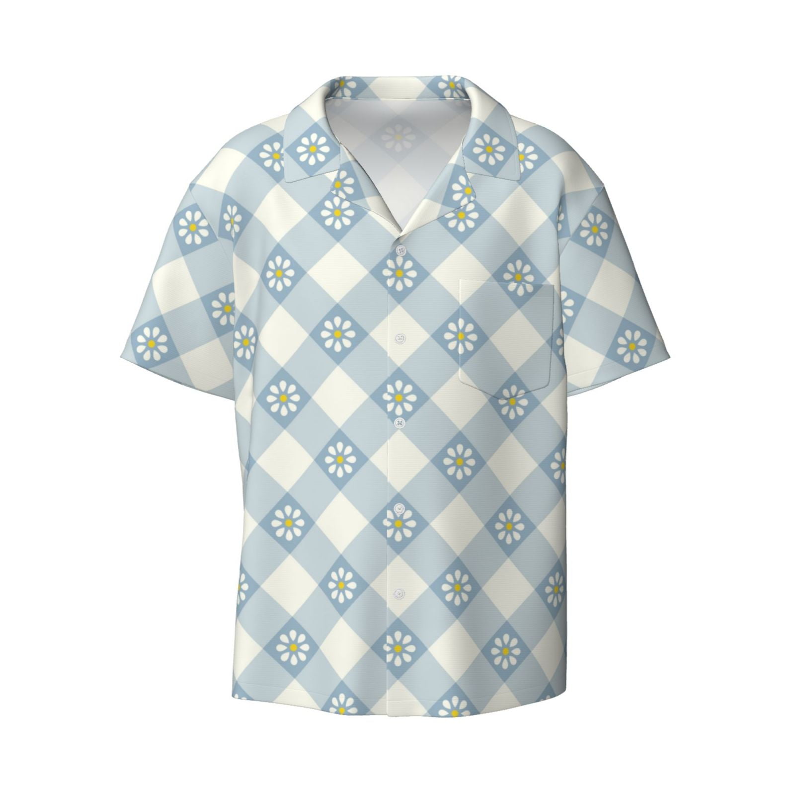 Disketp Men's Hawaiian Daisy Plaid Blue Print Shirts Button Down ...