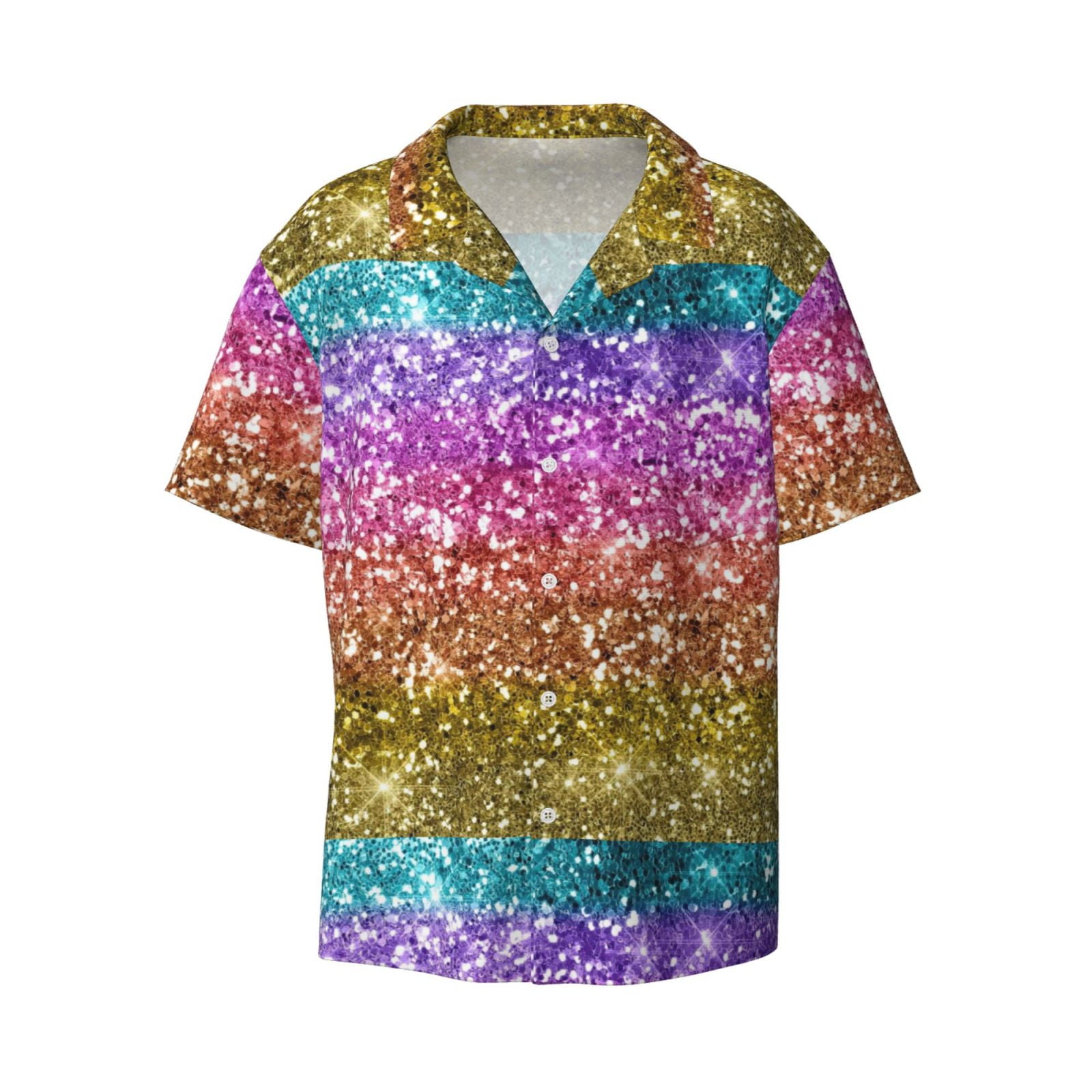 Disketp Men's Hawaiian Glitter Rainbow Print Shirts Button Down Holiday ...
