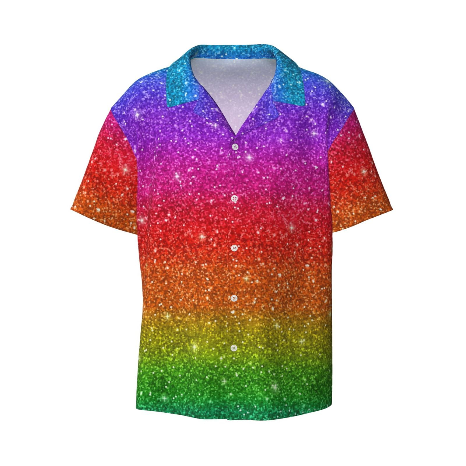Disketp Men's Hawaiian Rainbow Glitter Print Shirts Button Down Holiday ...