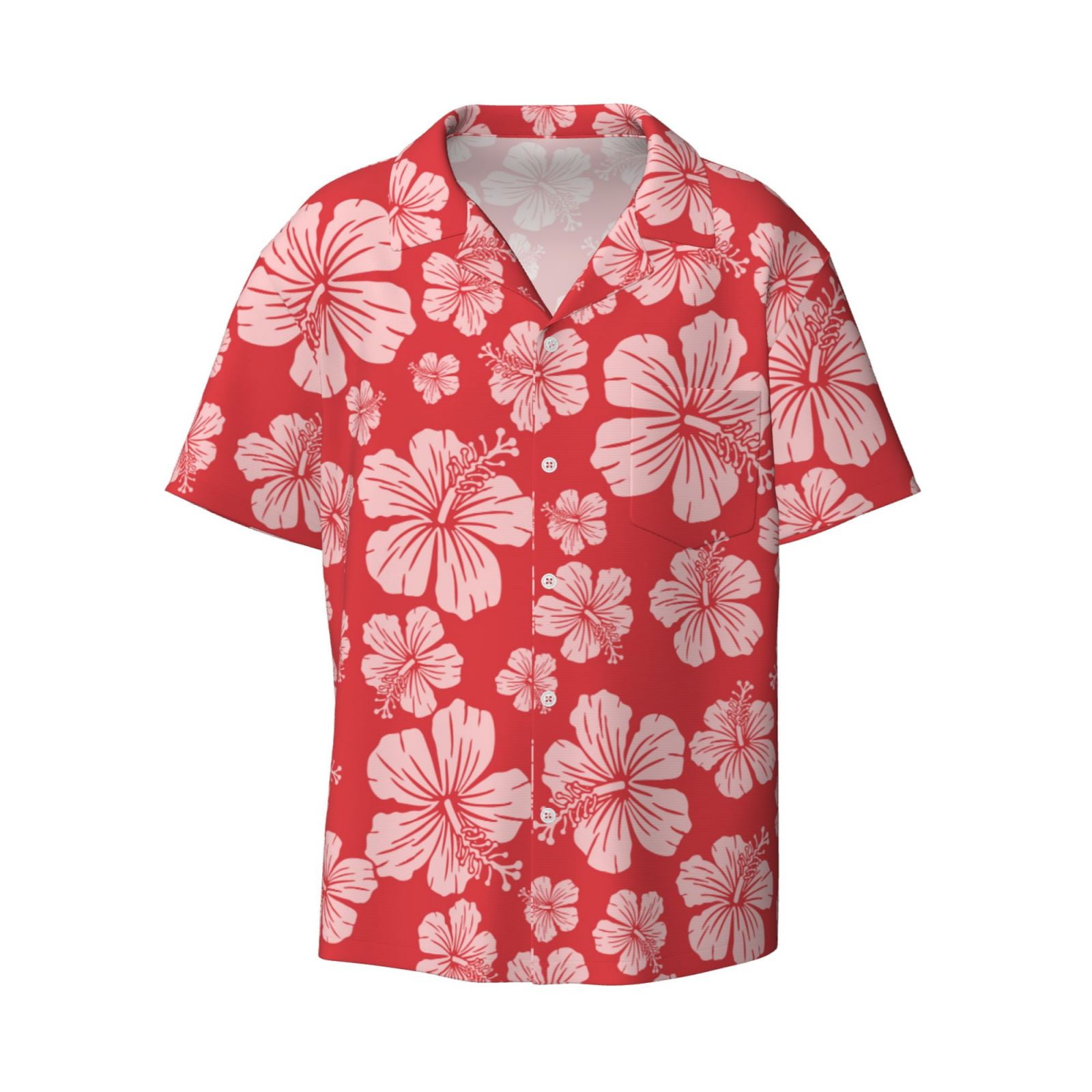 Disketp Men's Hawaiian Red Hibiscus Flower Print Shirts Button Down ...