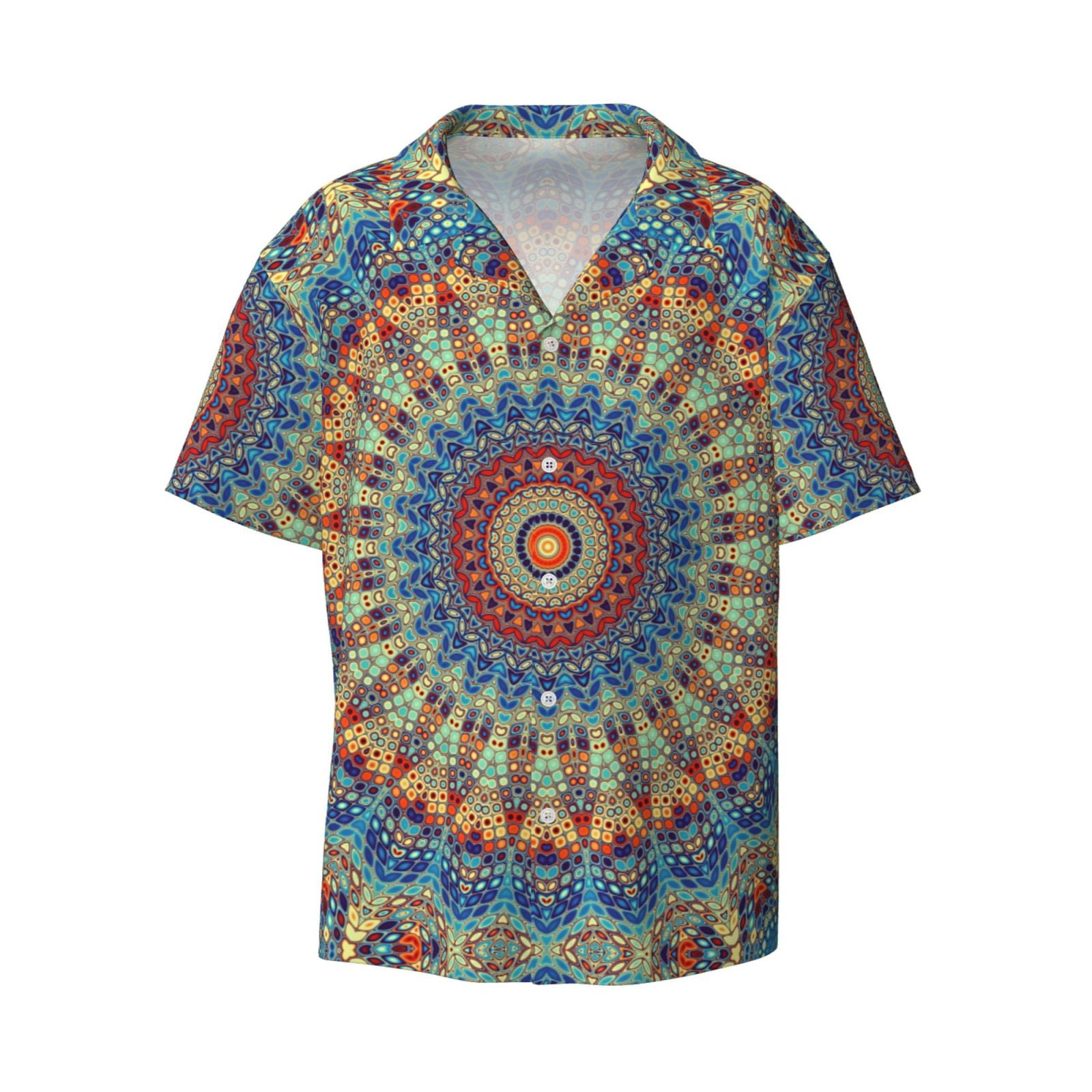 Disketp Men's Hawaiian Round Mandala Print Shirts Button Down Holiday ...
