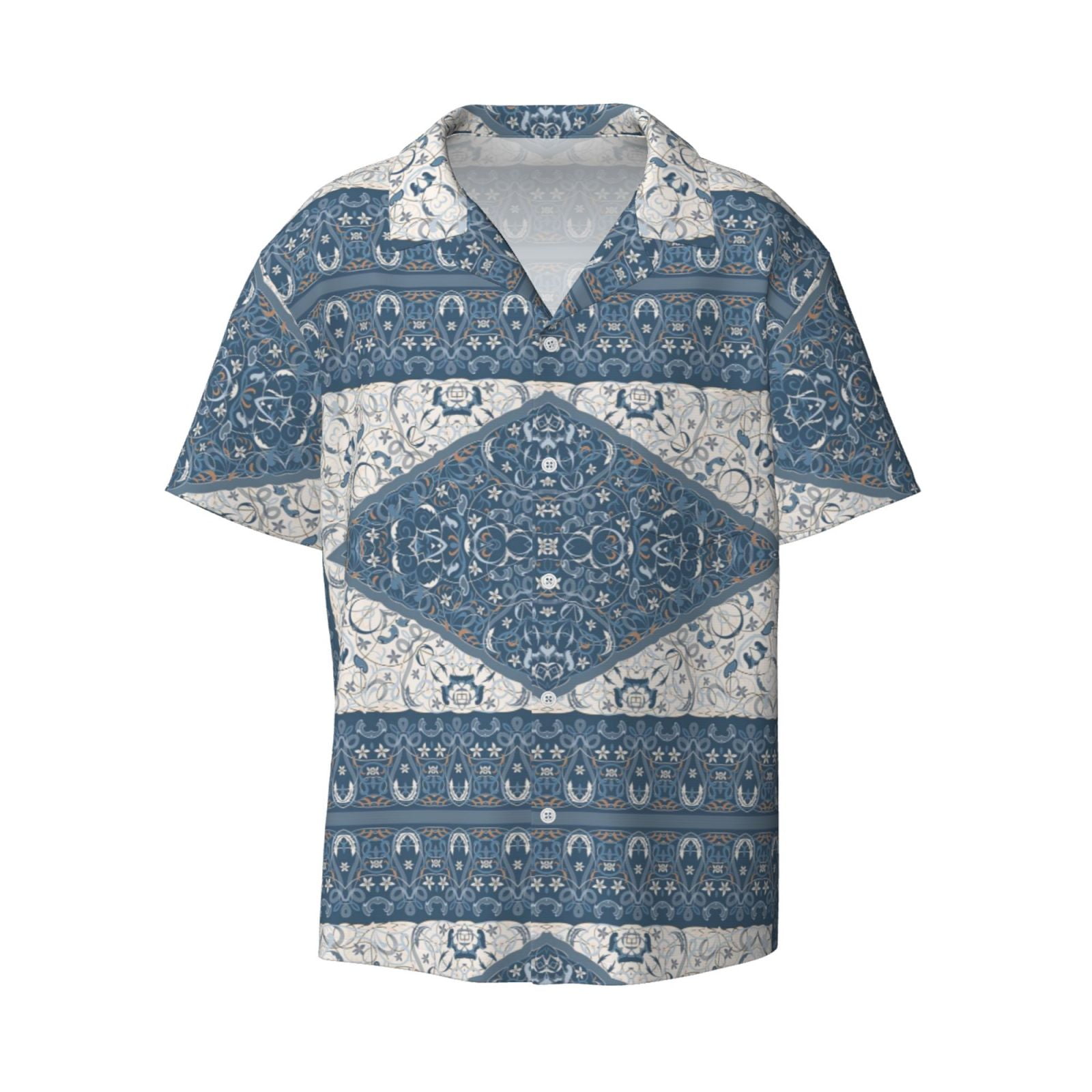 Disketp Men's Hawaiian Vintage Persian Colored Blue Print Shirts Button ...
