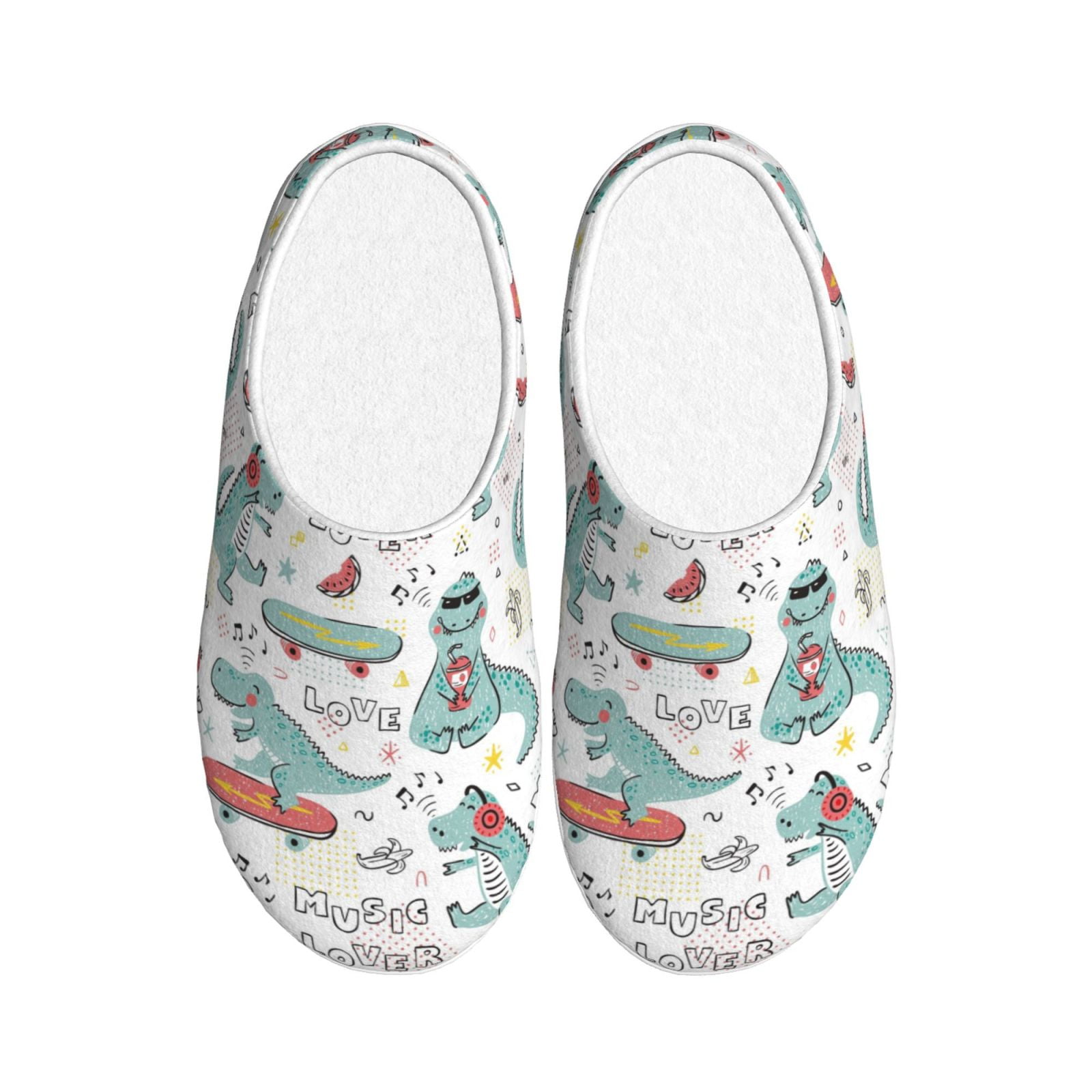 Disketp Music Lover Dinosaur Women's Men's Slippers Plush Slip-On House ...