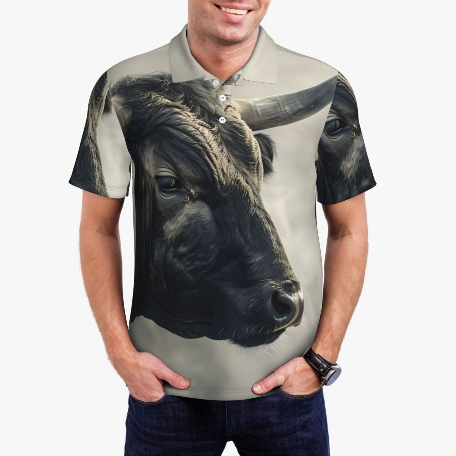 Disketp Mystical Bull in Fog for Men's Polo Shirts Short Sleeve Golf ...