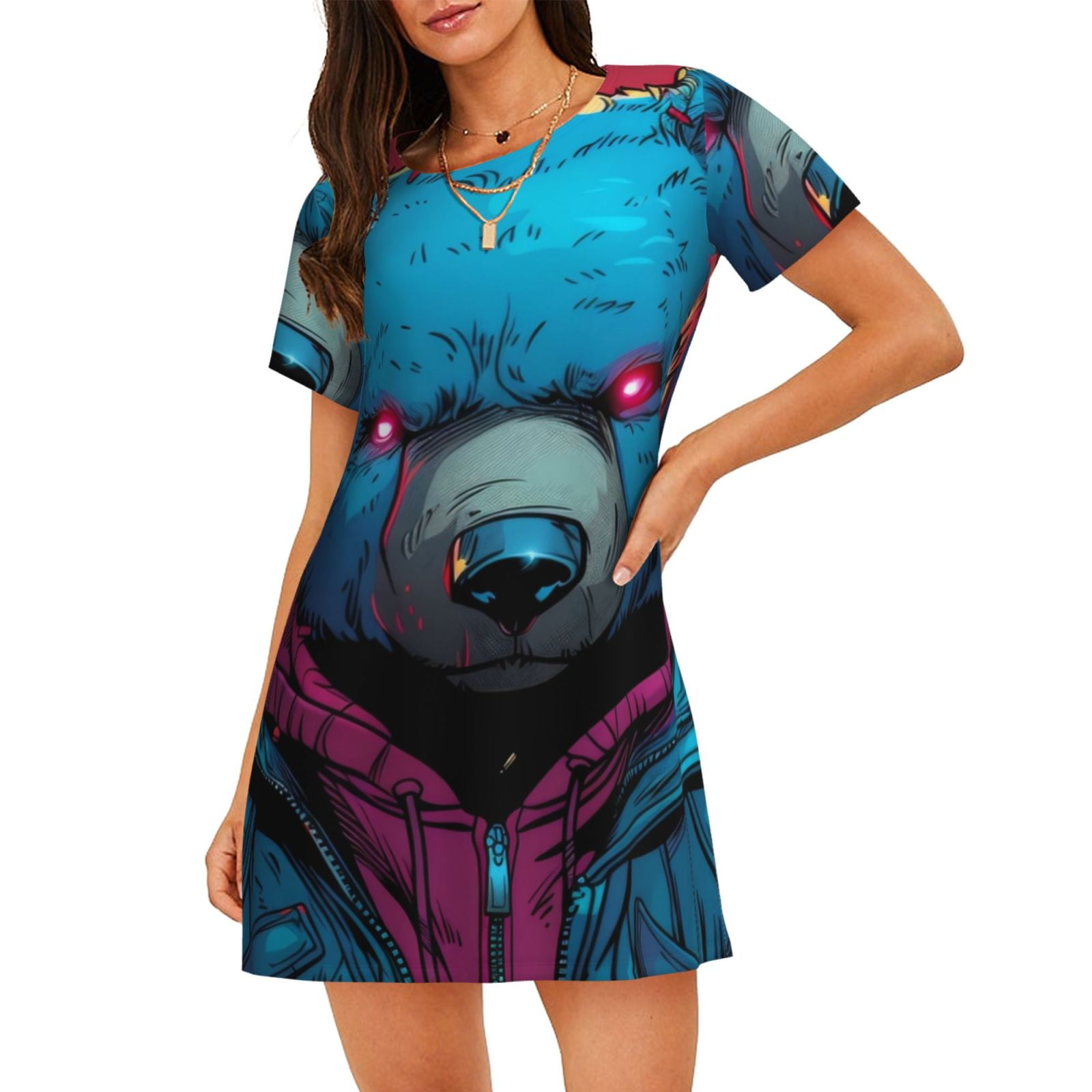 Disketp Neon Cyberpunk Blue Bear for Womens Short Sleeve Sleepshirt ...
